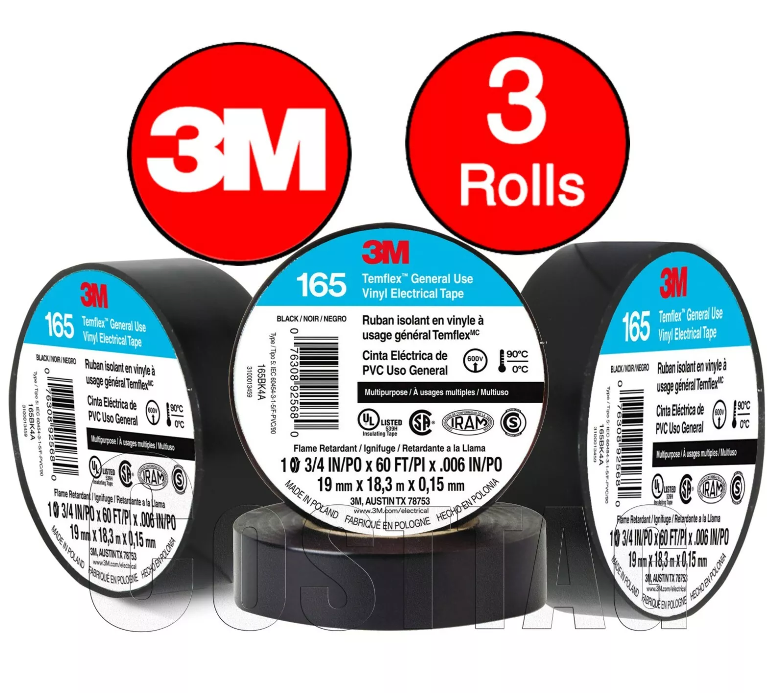 3M Temflex Vinyl Electrical Tape 165 Multi-Purpose 3/4" X 60Ft Black 3 ...