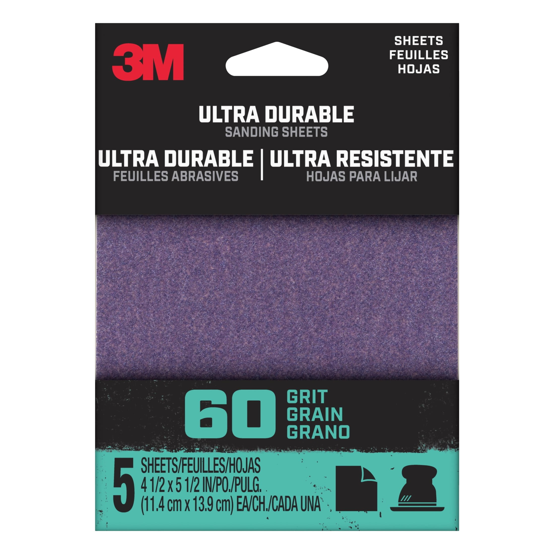 3M Ultra Durable Power Sandpaper, 60 Grit, 1/4 Sheet, 4.5 in x 5.5 in ...