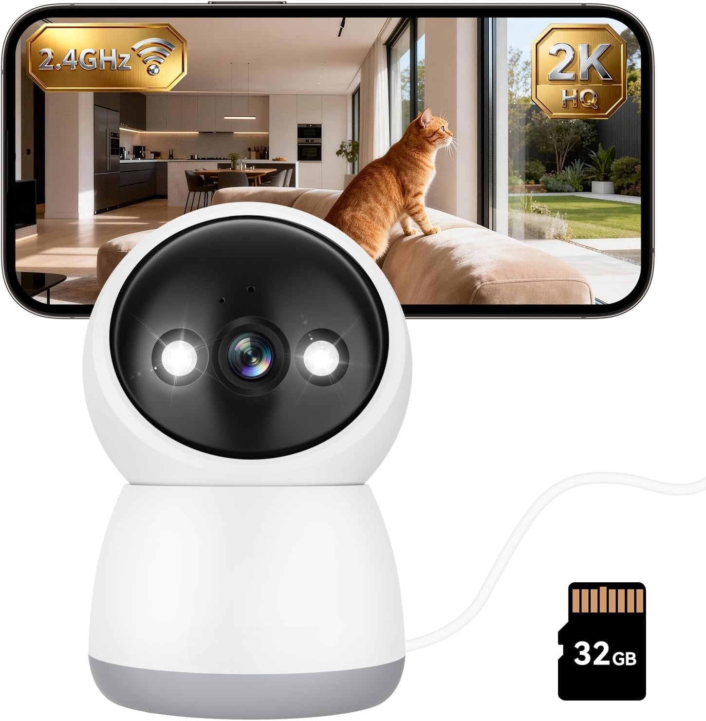 3MP Indoor Camera with 32GB SD Card - Pan/Tilt WiFi Camera with Motion ...