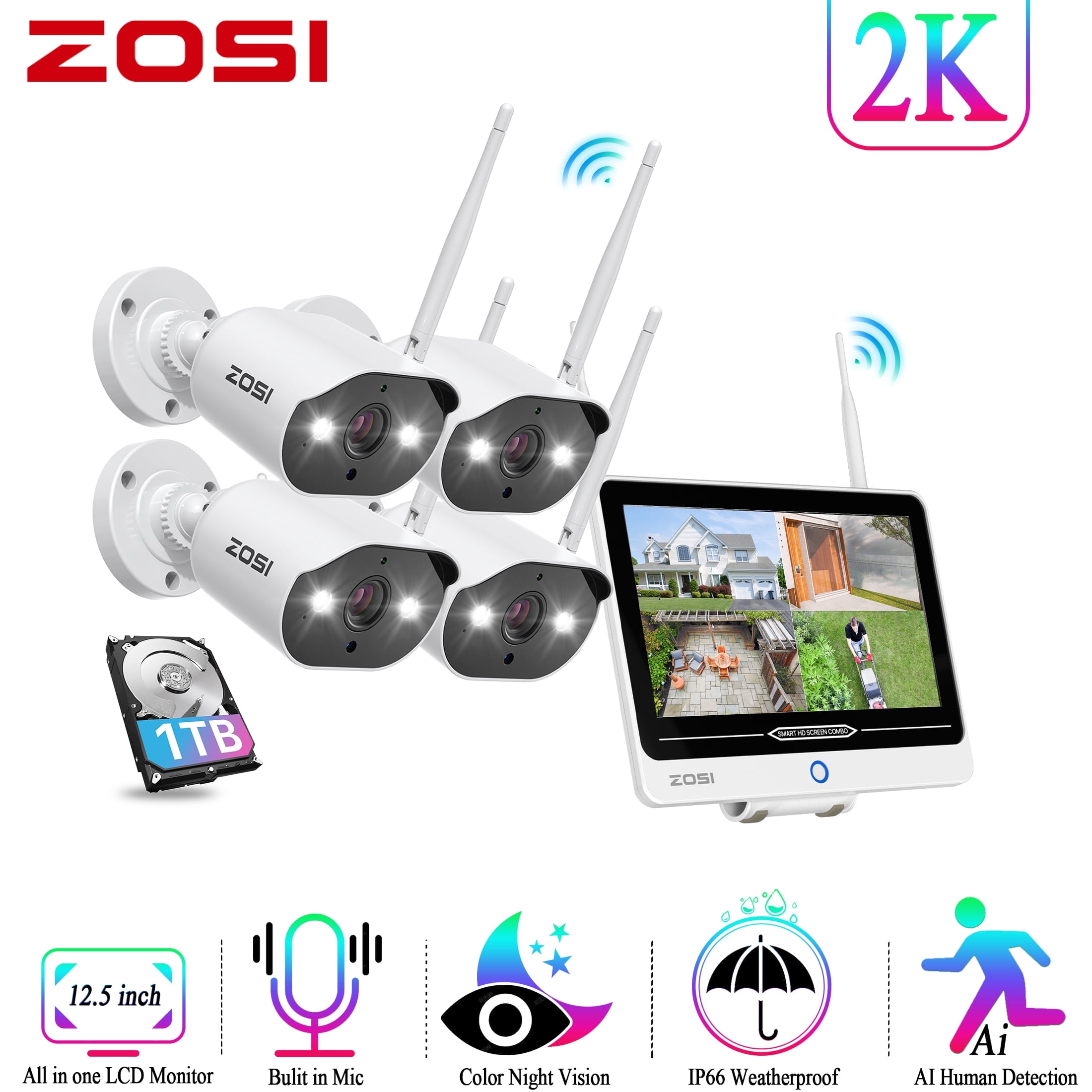 3MP Security Camera System with 12.5'' Monitor, 2 Way Audio, ZOSI WiFi ...