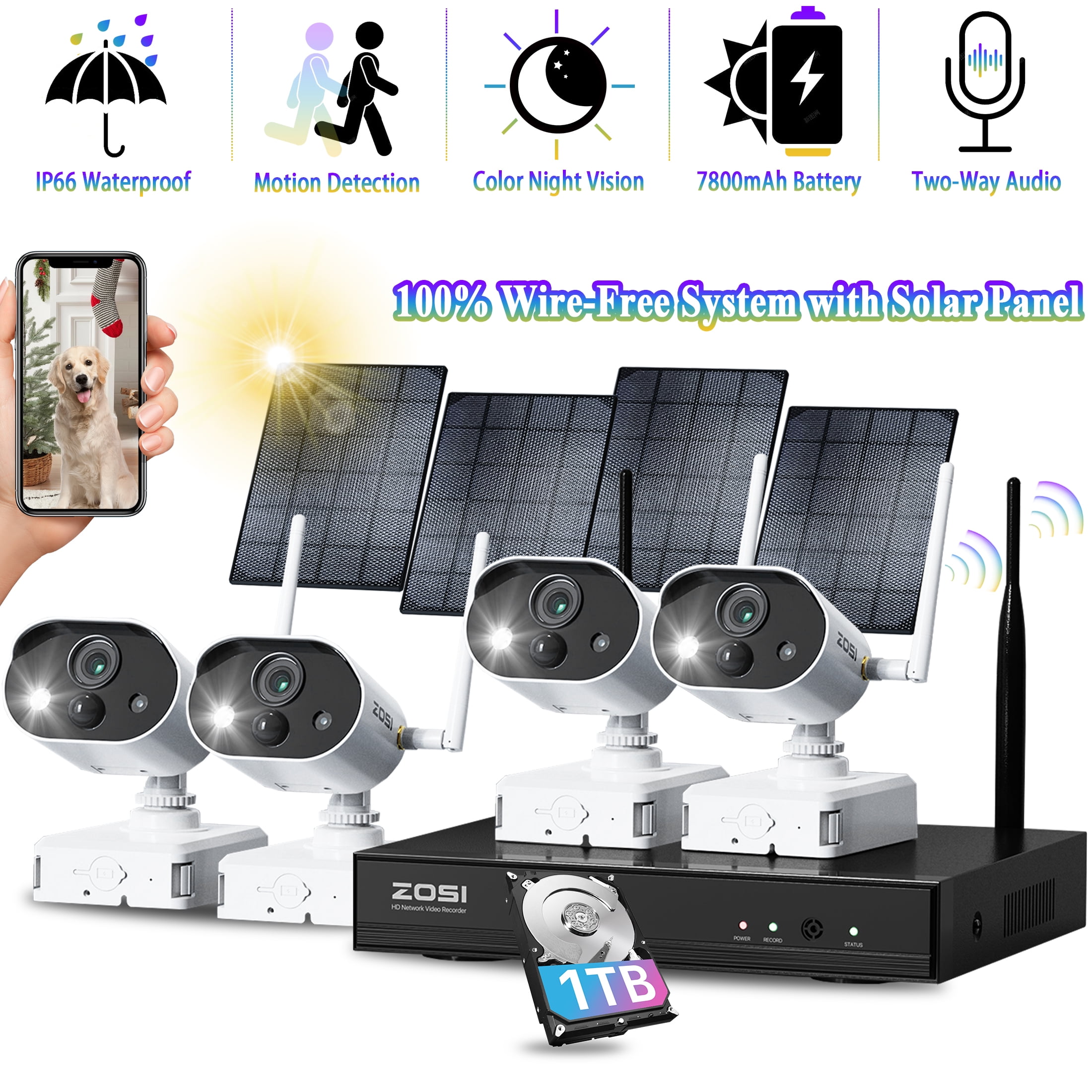 ZOSI 3MP Solar Security Camera System, 4pcs WiFi Outdoor, Night Vision ...