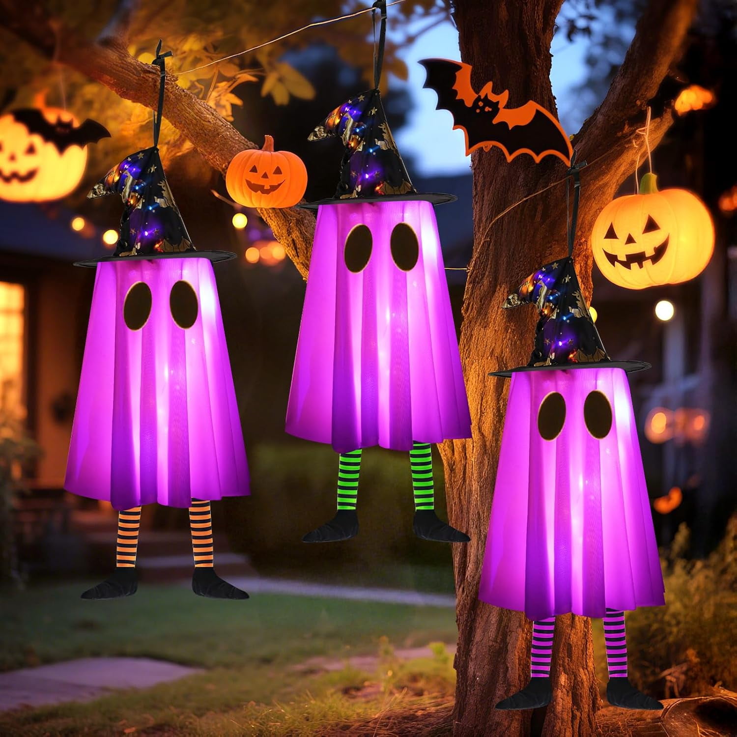 3P Lights Up Hanging Ghosts Halloween Decorations Outdoor(Purple ...