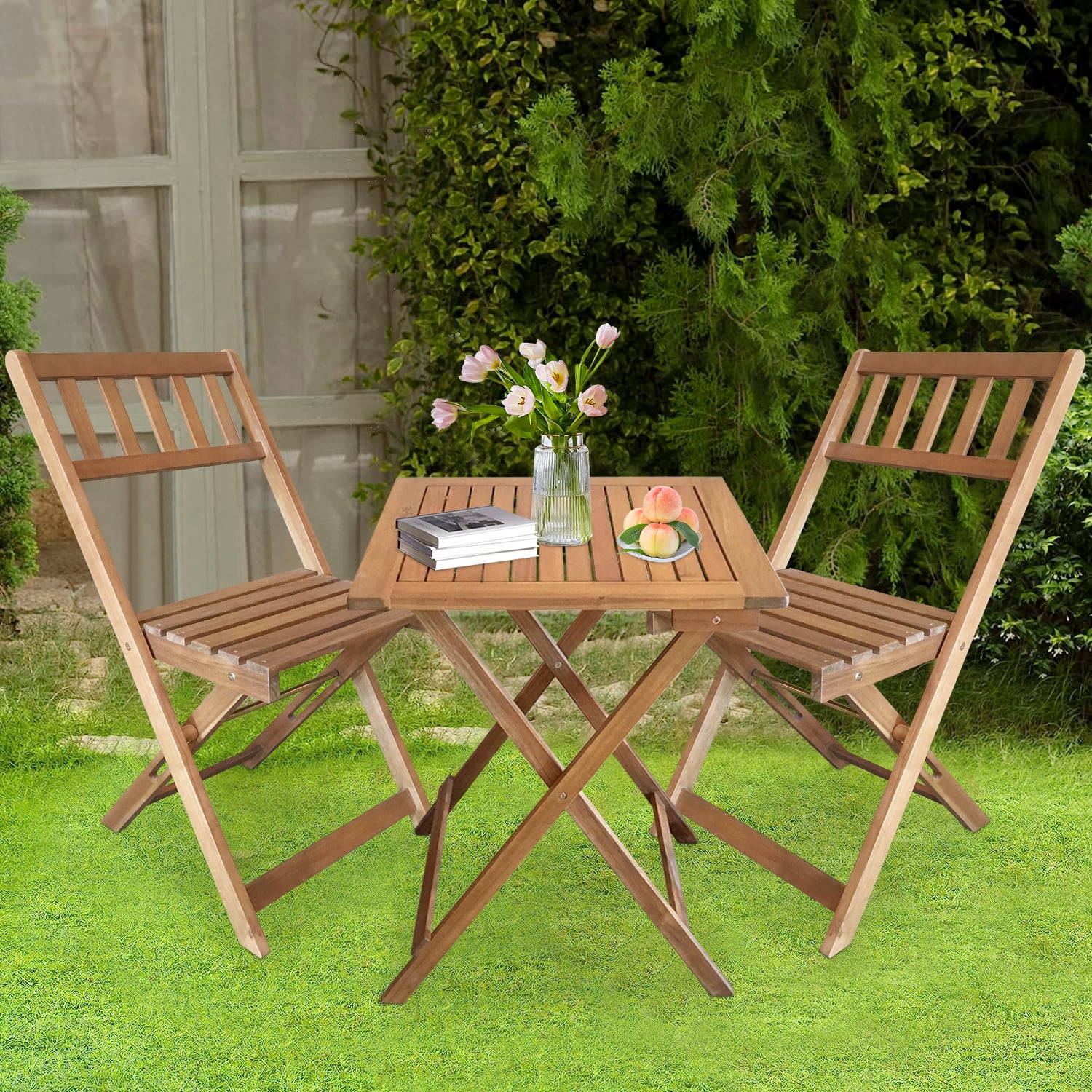 3PC Acacia Wood Patio Bistro Set Outdoor Folding Bistro Set Table and Chairs Set for Pool Beach Backyard Balcony Natural