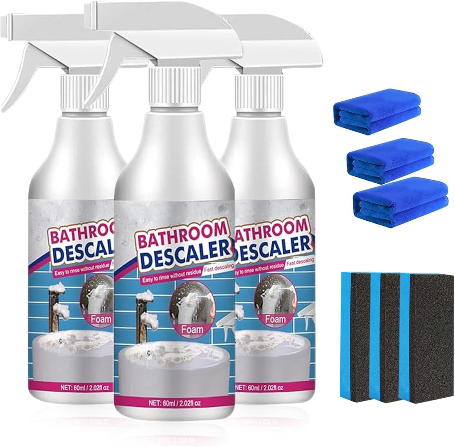 3PC Bathroom Descaler Foam Cleaner Spray,2025 Upgraded Stubborn Stains ...