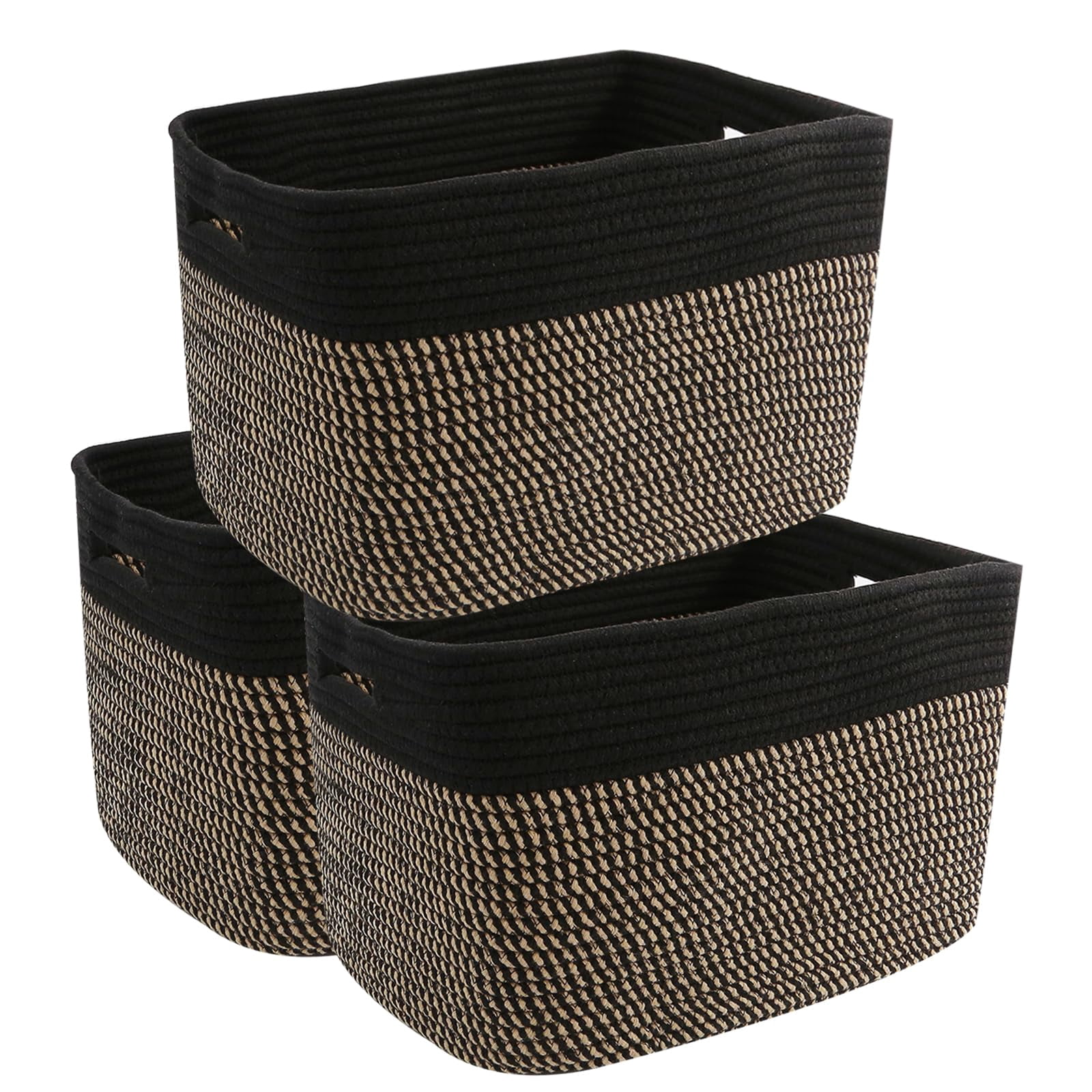 3PC-Black&Jute Woven Rope Storage Crates, 3 Pack Organizers for Shelves ...