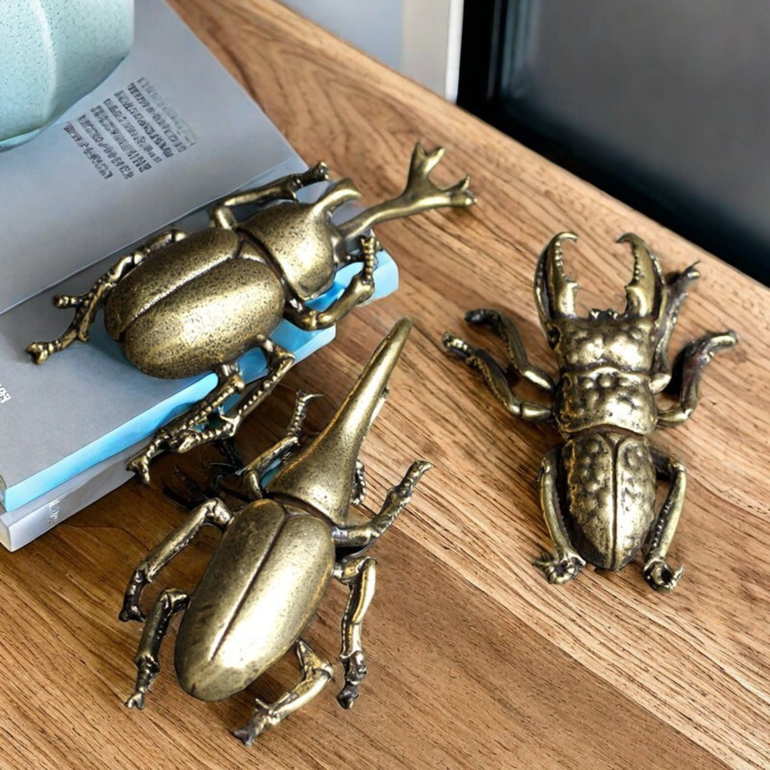 3PC Brass Beetle Figurine Tea Pet Set Insect Copper Decor Vintage Style ...