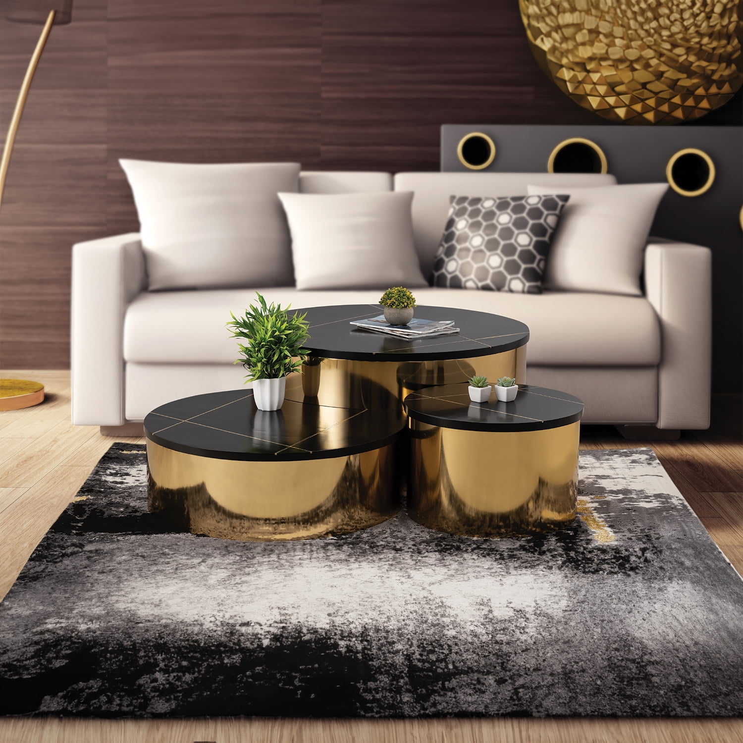 3PC Gold Coffee Table Set, CT805-3, Stainless Steel & Mango Wood ...