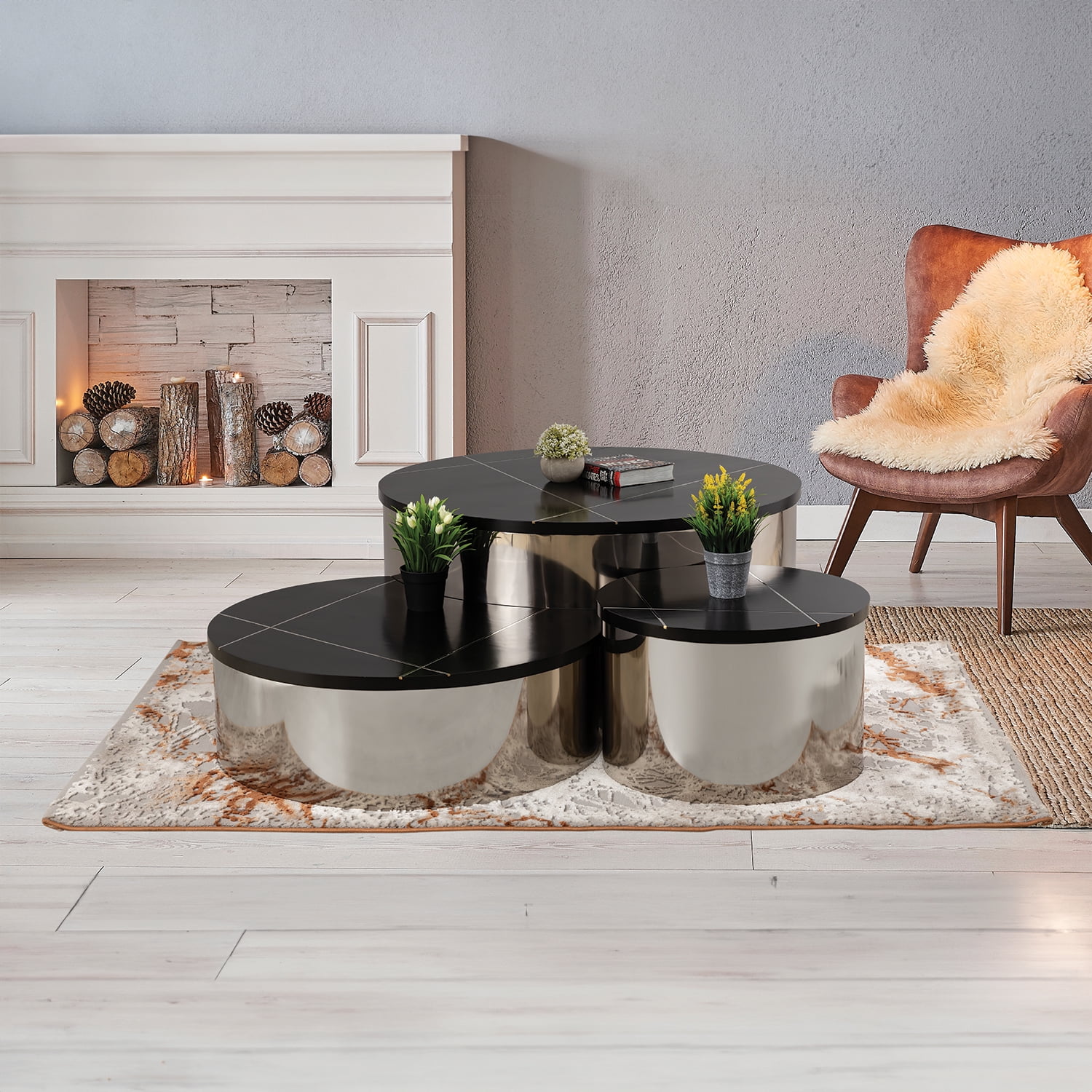 3PC CT805-3 Coffee Table Set made with Stainless Steel & Mango Wood in ...