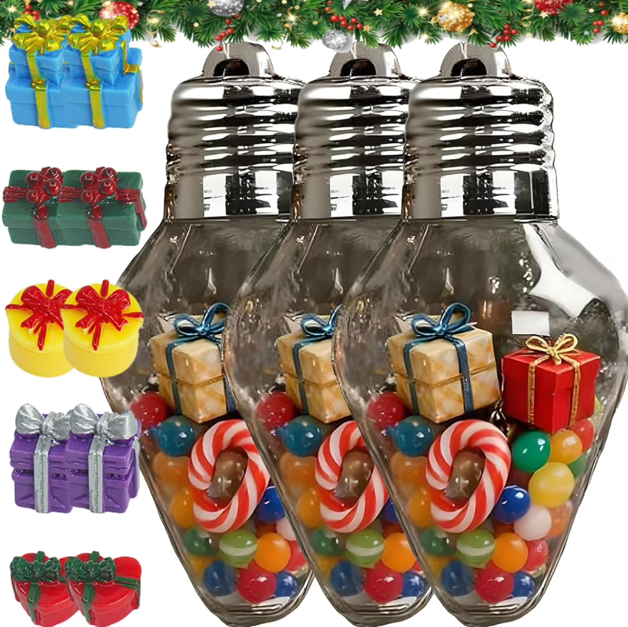 3PC Christmas Light Bulb Gift Jar, Premium Clear Plastic Craft Jars ...