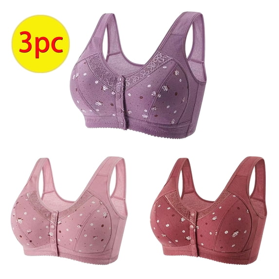 3PC Front Closure Bras for Women No Underwire Padded Wireless ...
