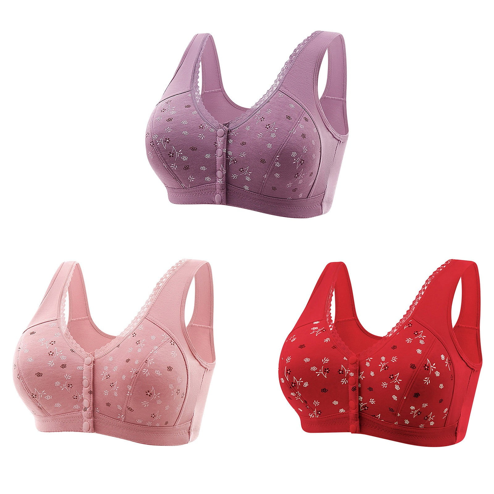 3PC Front Fastening Bras for The Elderly Women Plus Size Non Wired ...
