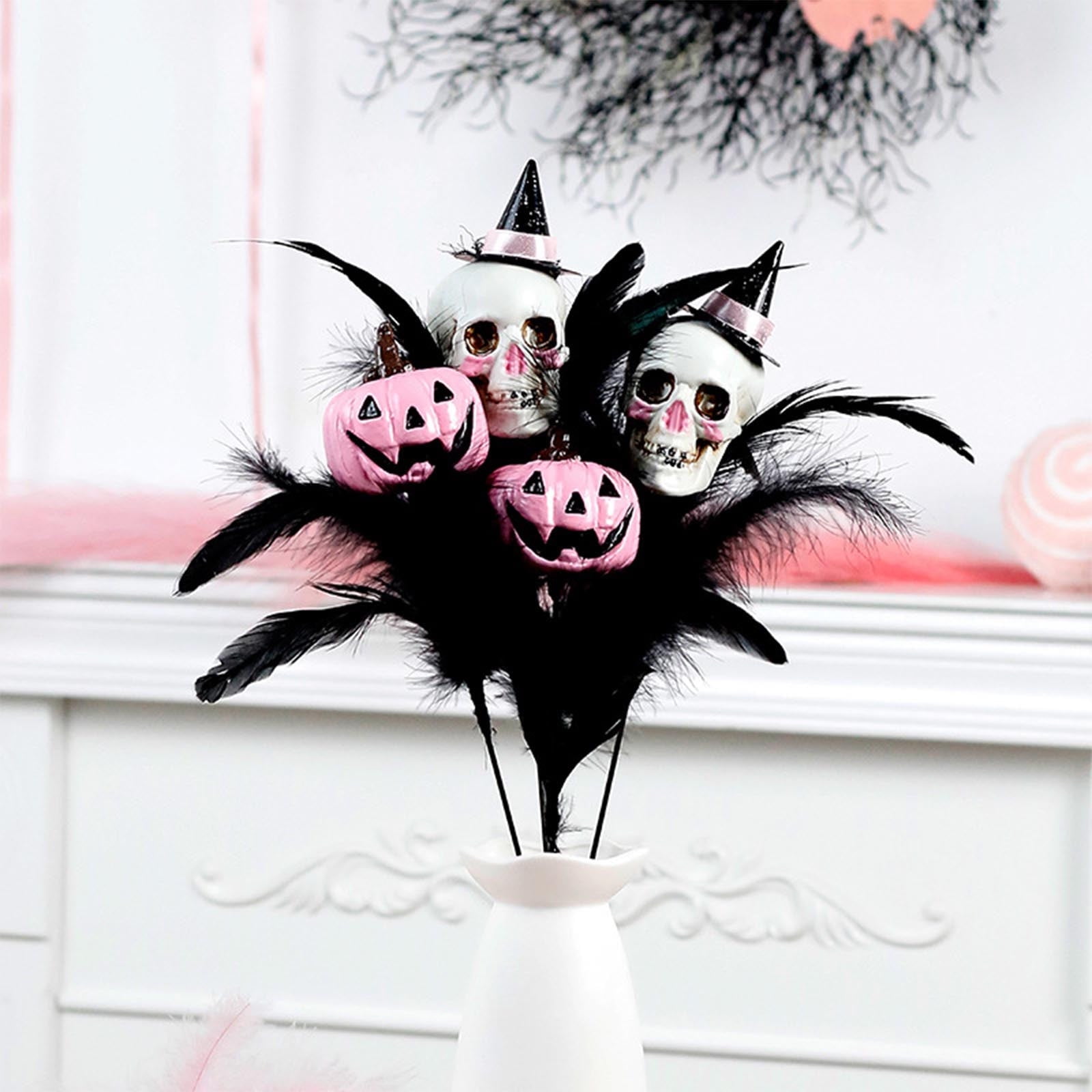 3PC Halloween Artificial Skull Head Pumpkin Stems with Feather ...