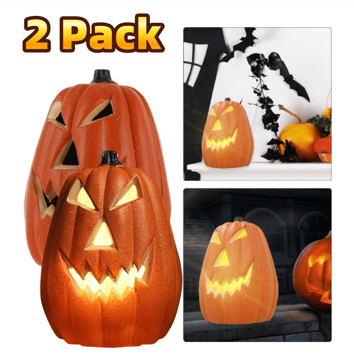 3PC Halloween Pumpkin Light Jack-O-Lantern Figurine Skull Head Battery ...