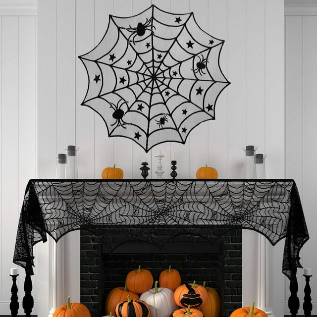 3PC Halloween Spiderweb Tablecloth Set for Halloween Decorations Spooky Hanging Cobweb Black ...