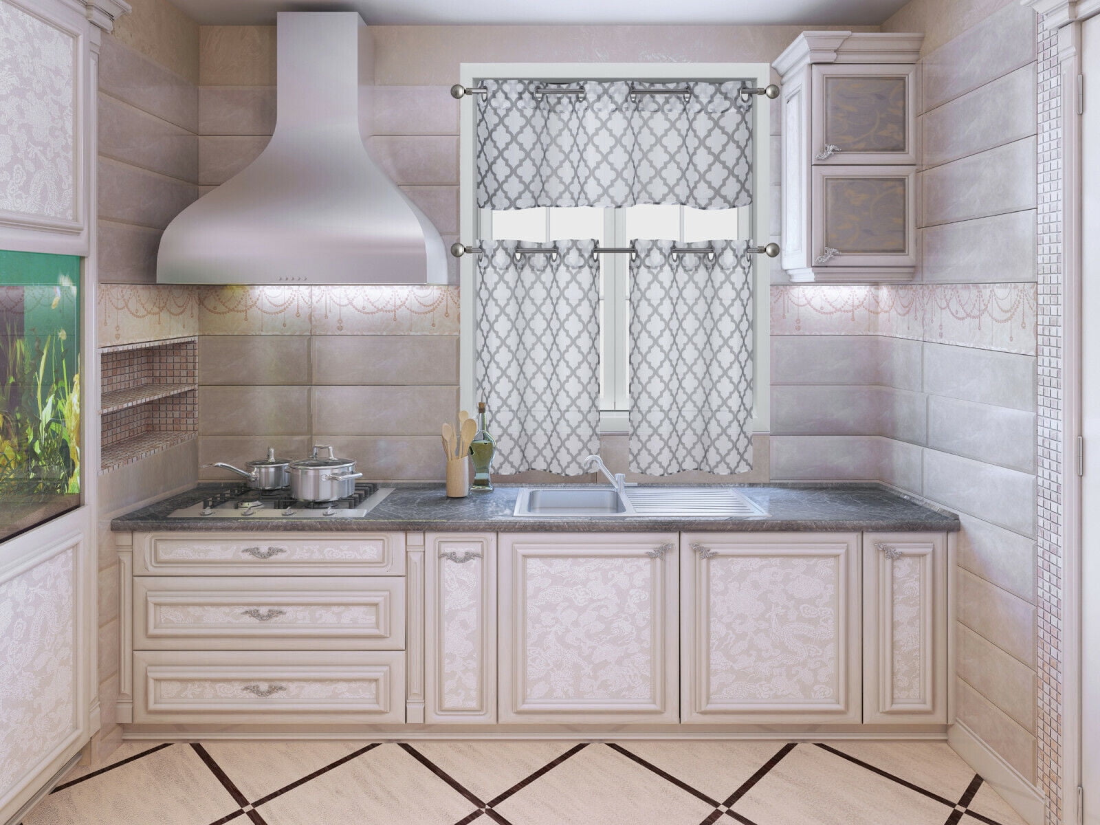 3PC KITCHEN PRINTED 2 TONE VOILE SHEER WINDOW CURTAIN VALANCE AND TIER ...