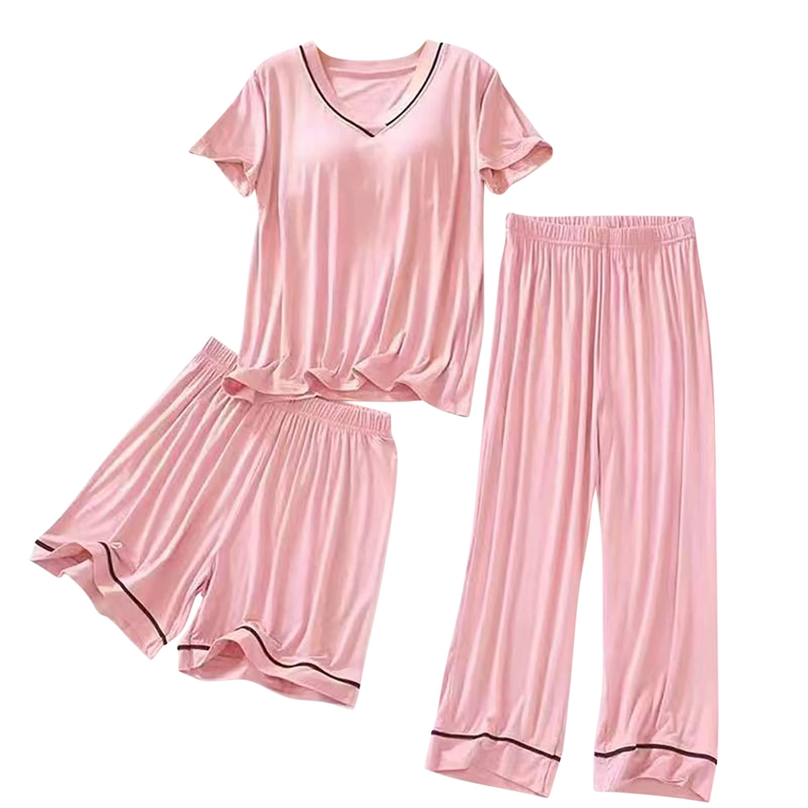 3PC Pajama Set for Women Soft Short Sleeve Tops with Built in Bra and ...