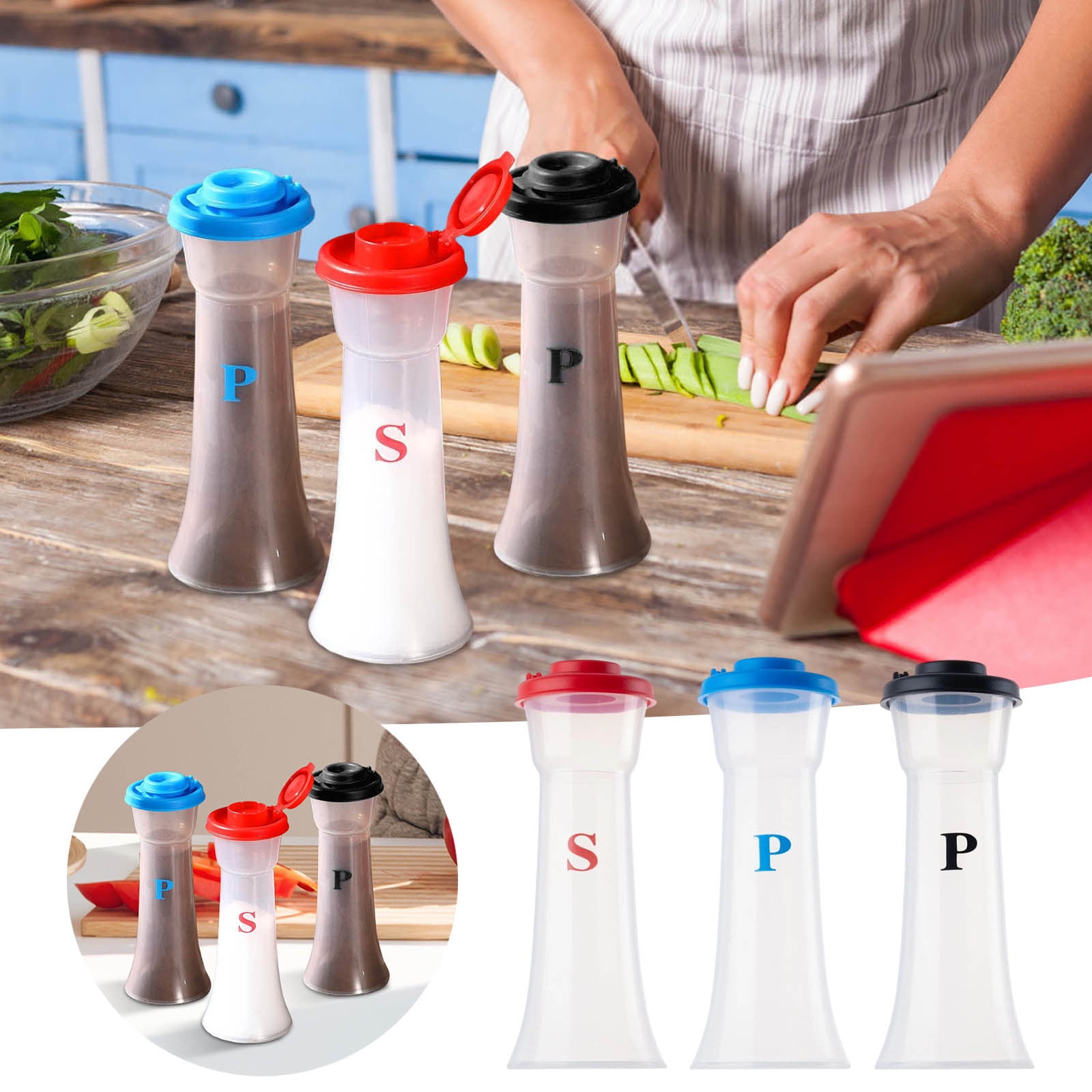 3PC Salt And Pepper Shakers With Lids, Salt And Pepper Containers ...