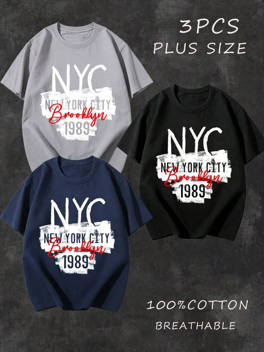 3PC Plus Size Mens 100% Cotton Oversized Graphic Tee Black Gray Blue ...