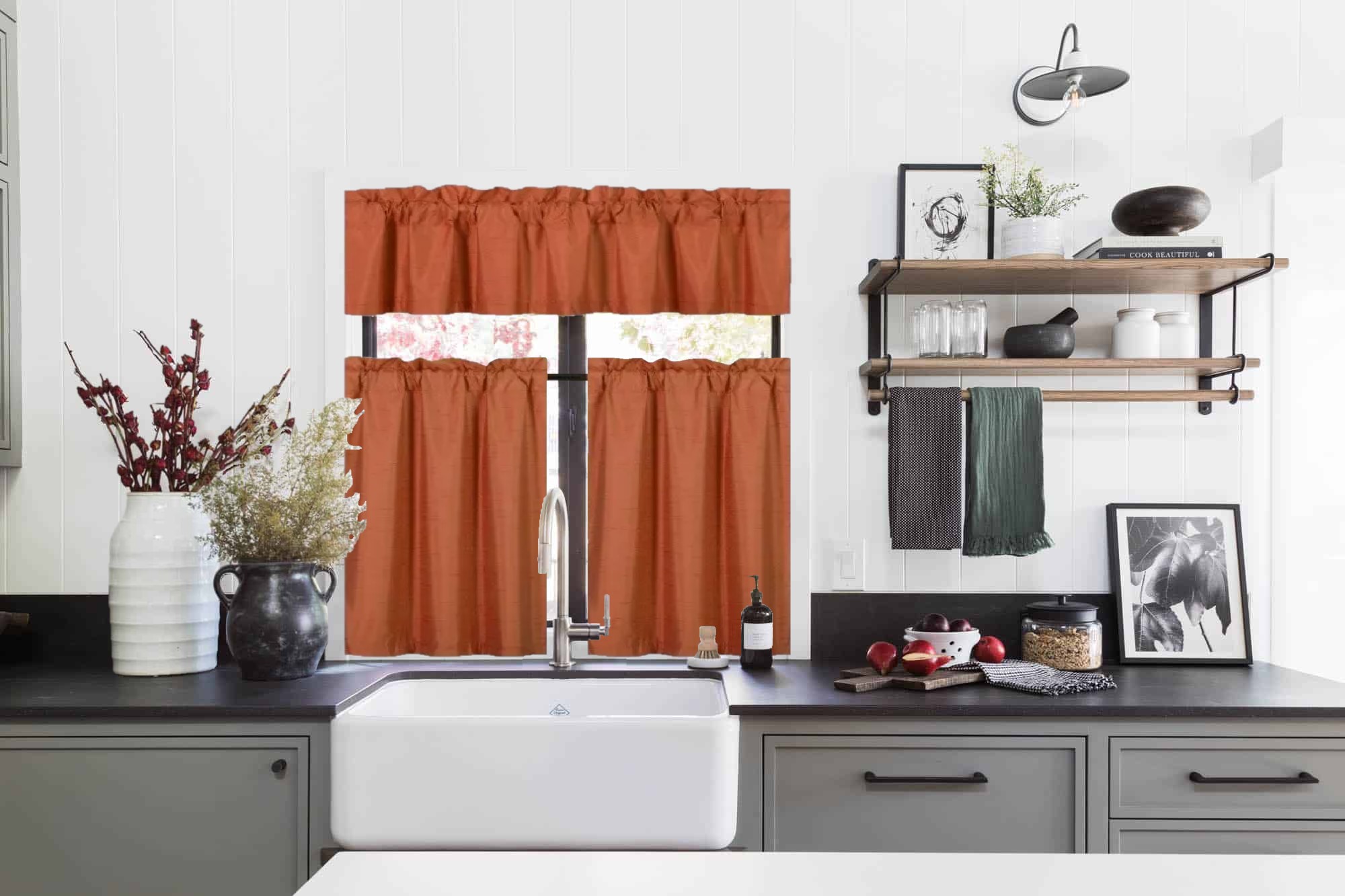 3PC Set Brick Color Kitchen Window Dressing Lined Blackout Curtain ...