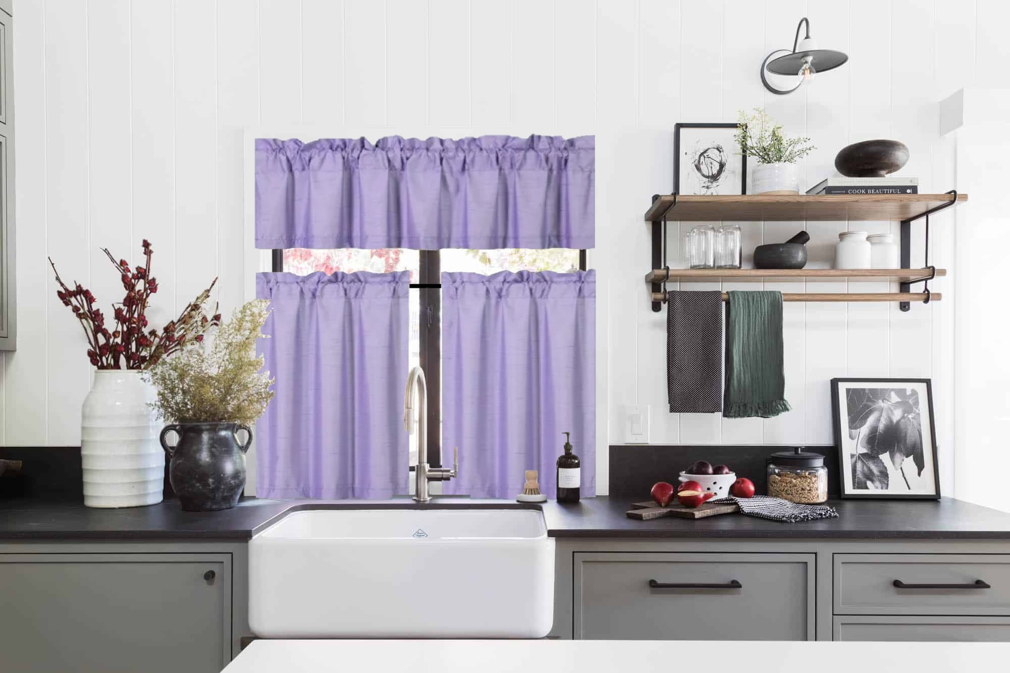 3PC Set Lilac Color Kitchen Window Dressing Lined Blackout Curtain ...