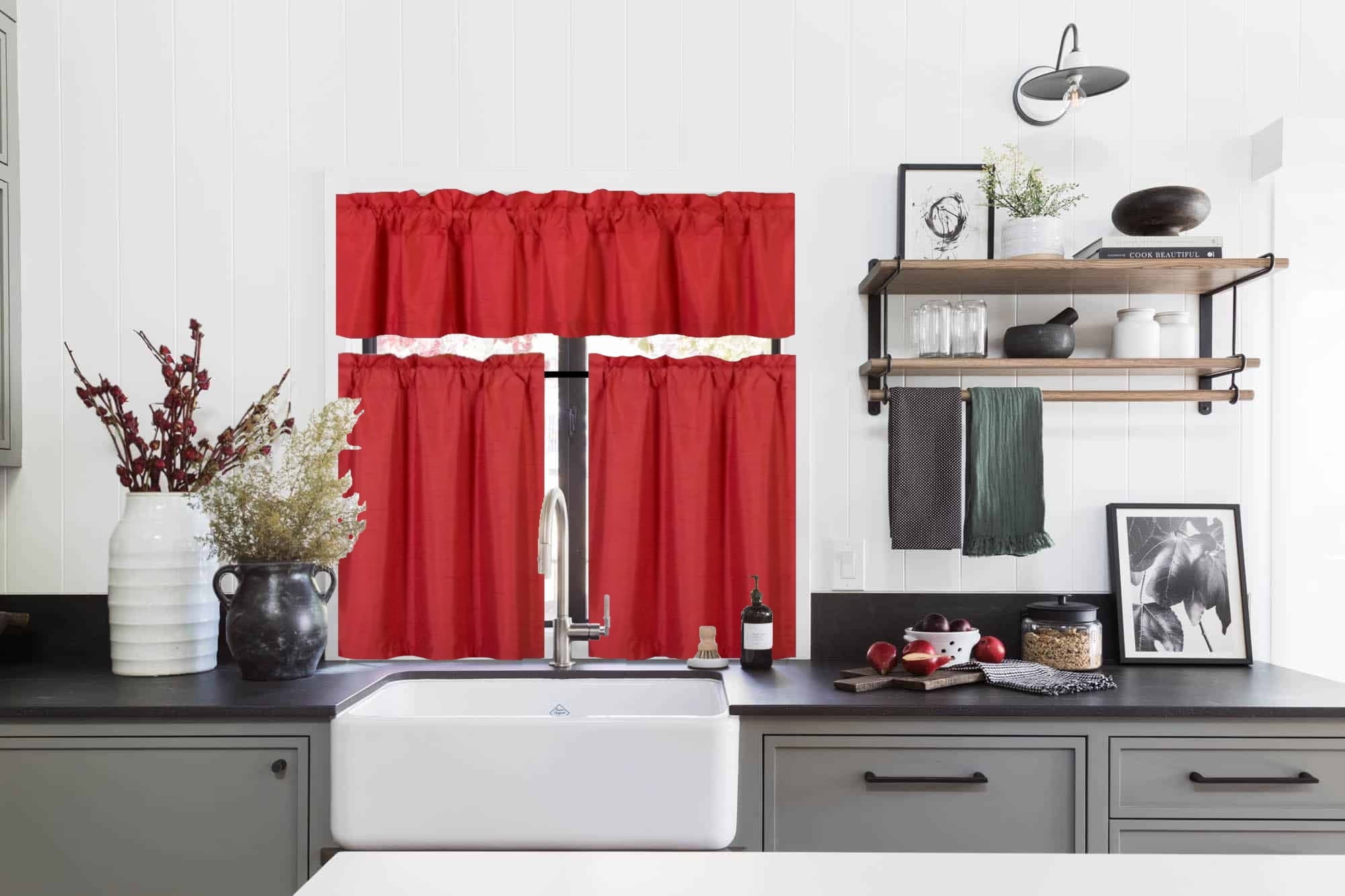 3PC Set Red Color Kitchen Window Dressing Lined Blackout Curtain Panel ...
