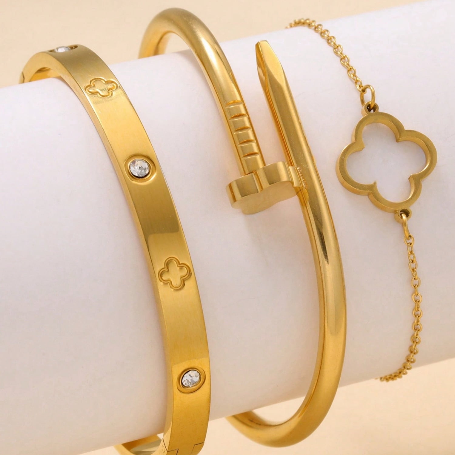 3PCS Gold Bracelets for Women Non Tarnish, Stackable Clover Lucky ...