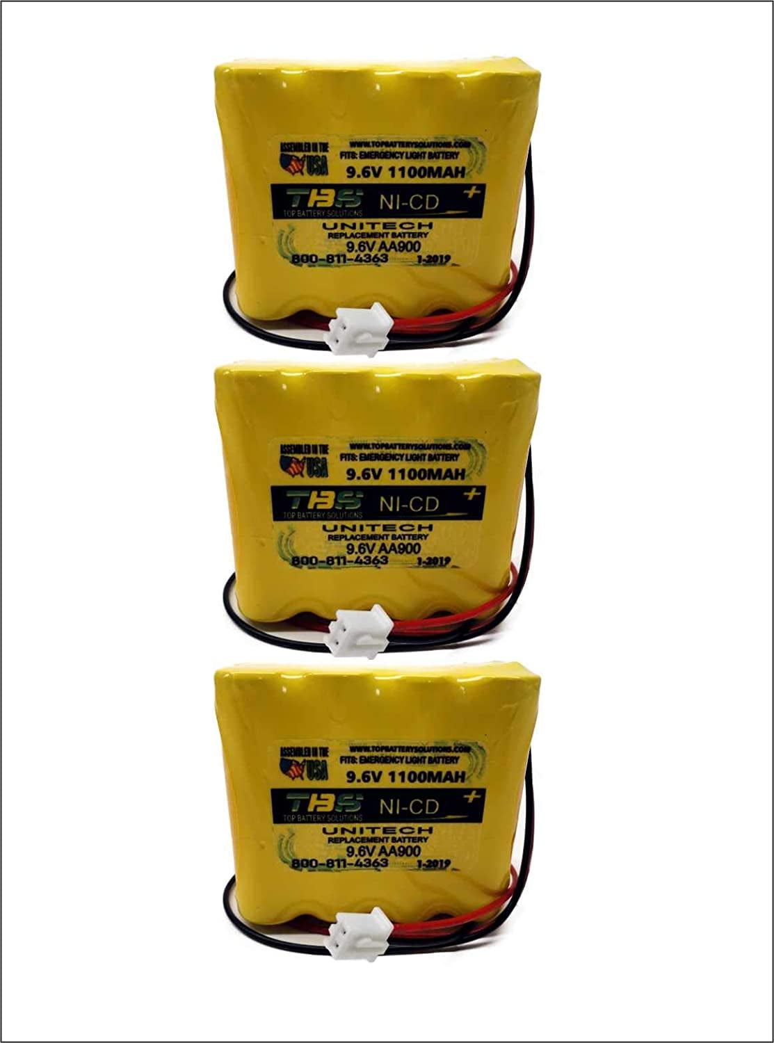 3PC Unitech AA900mAh 9.6V Battery Emergency Light 9.6V 1.1Ah NiCD ...