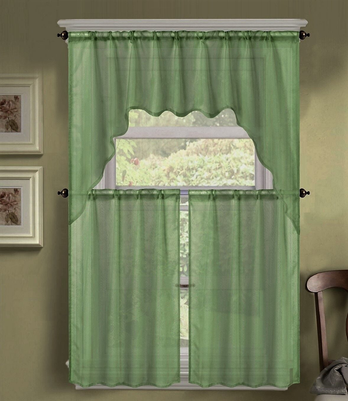3PC VOILE SHEER KITCHEN WINDOW CURTAIN TREATMENT 2 TIERS AND 1 SWAG ...