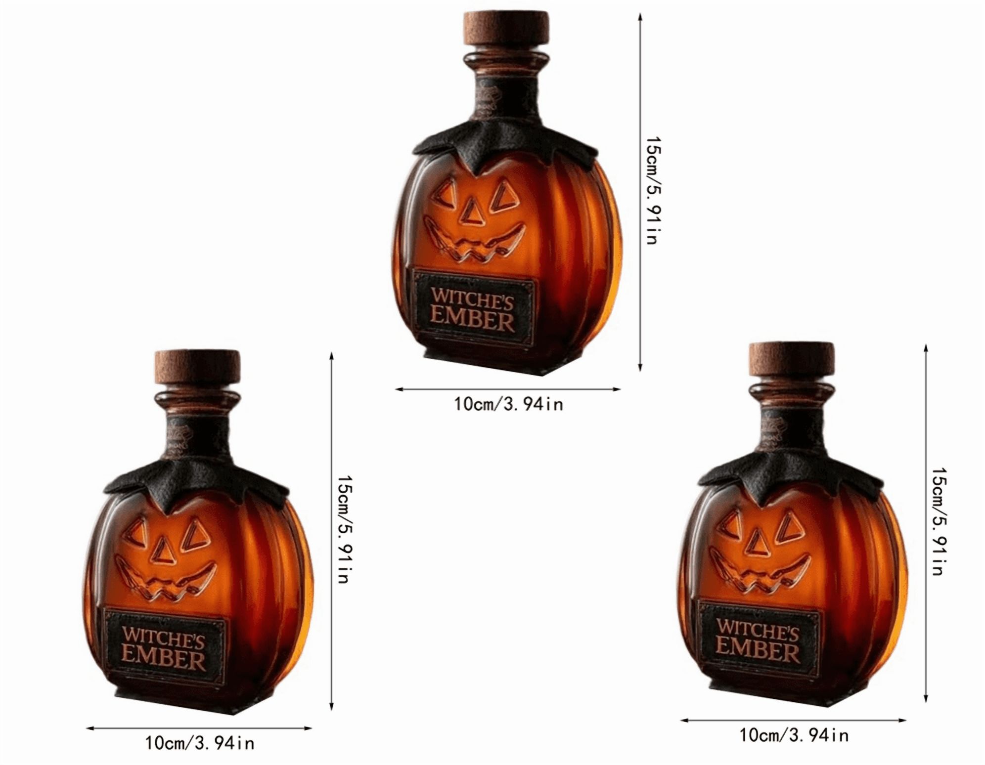 3PC Witche's Ember - Halloween Pumpkin Whiskey Bottle 5.91 In Handmade ...