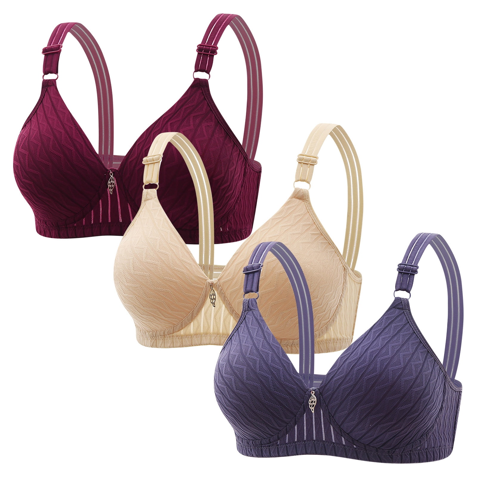3PC Women's Breathable Comfort Bra Set, No Rim, Embroidered Glossy ...