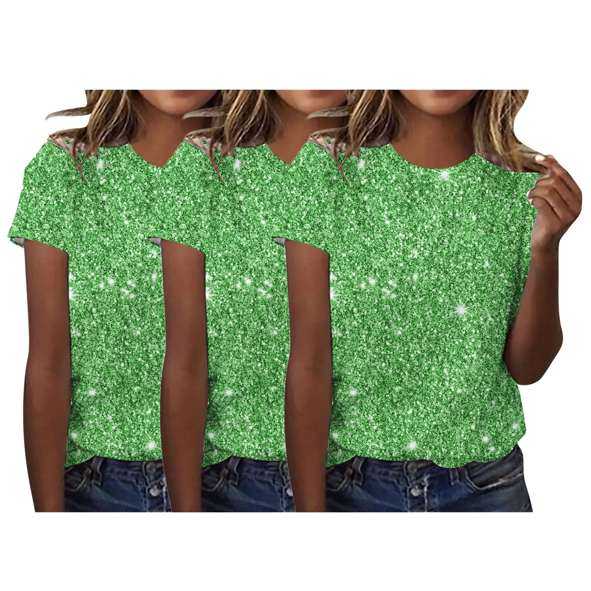 3PC Women's Casual Sparkling Crystal Tees Shirts Short Sleeve Round ...