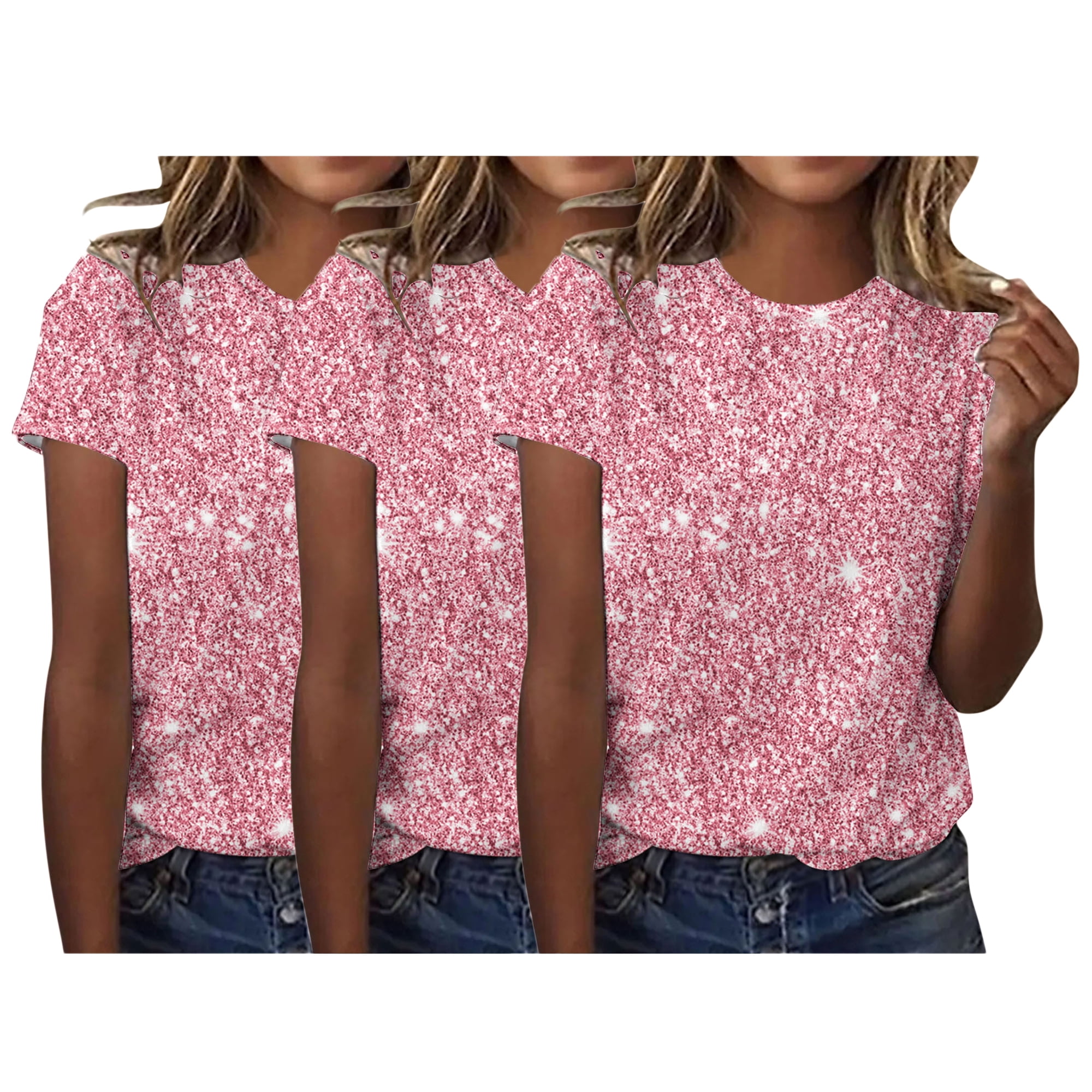 3PC Women's Casual Sparkling Crystal Tees Shirts Short Sleeve Round ...