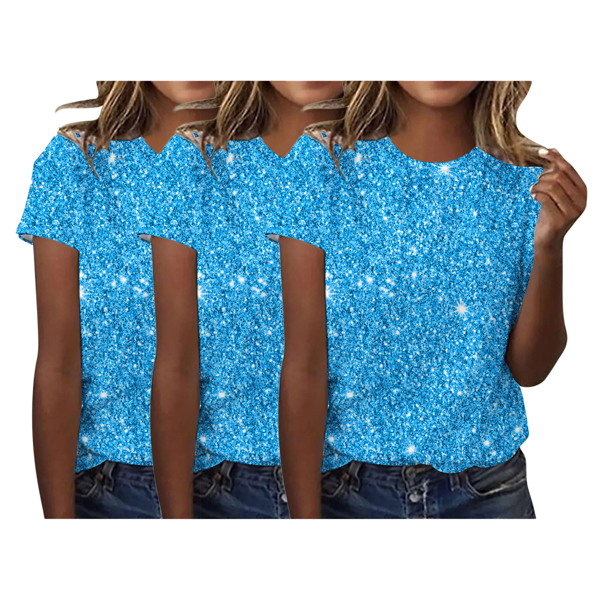 3PC Women's Casual Sparkling Crystal Tees Shirts Short Sleeve Round ...