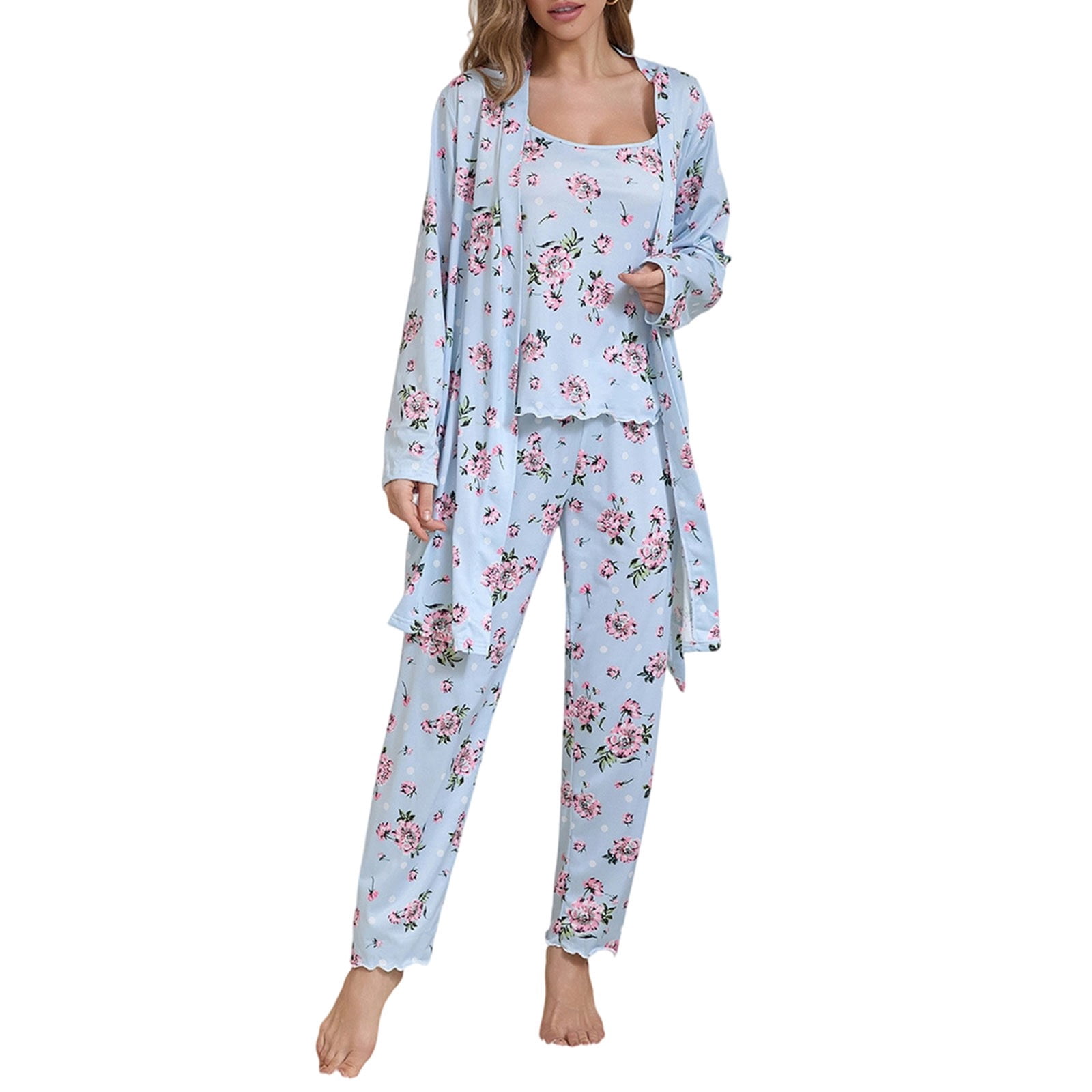 3PC Women's Home Nightwear Pajamas Set - Long Sleeve Strap Sleeping ...