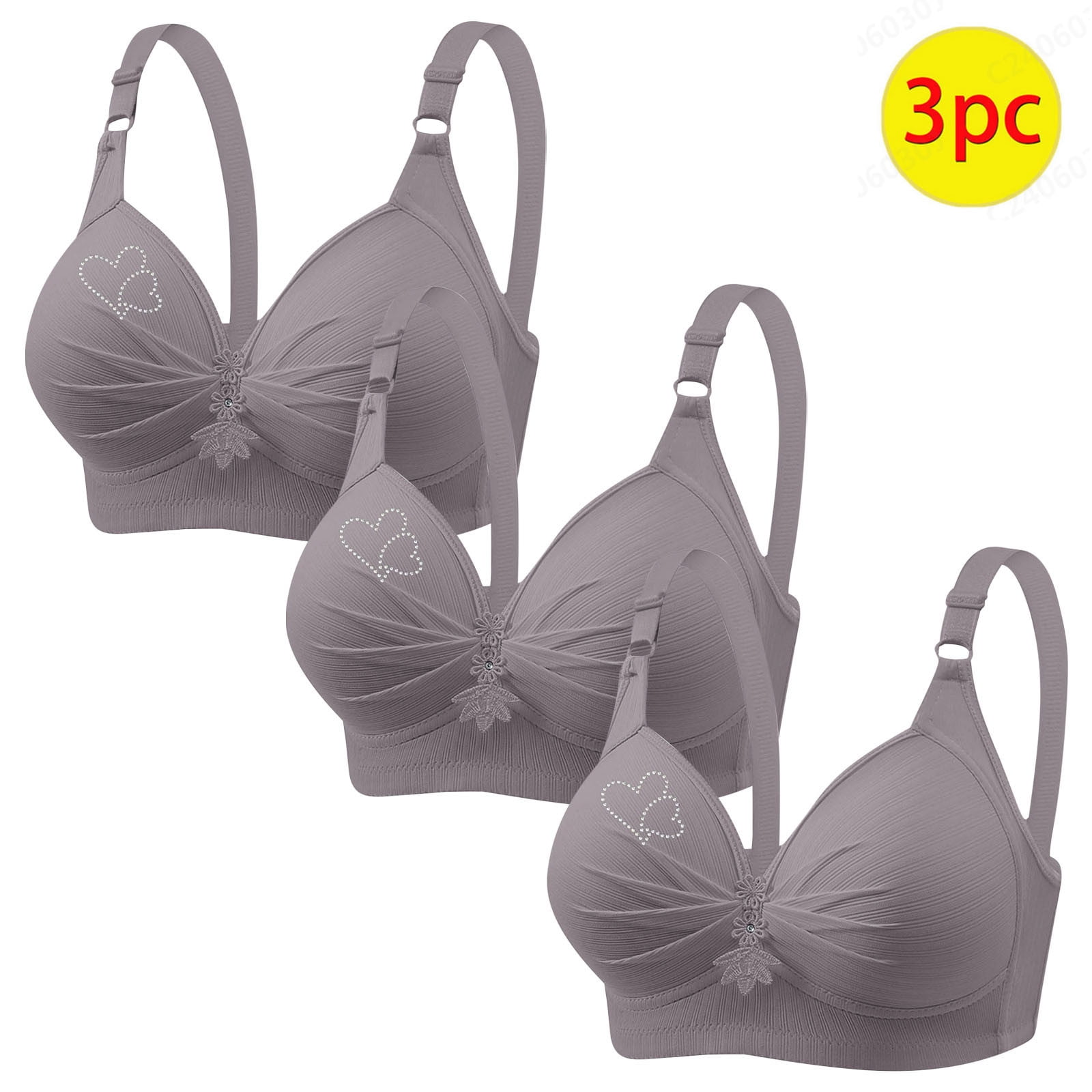 3PC Women's Large Daily Bra, Printing Gathered Underwear, No Rims, Comfortable Soft Fabric, for ...