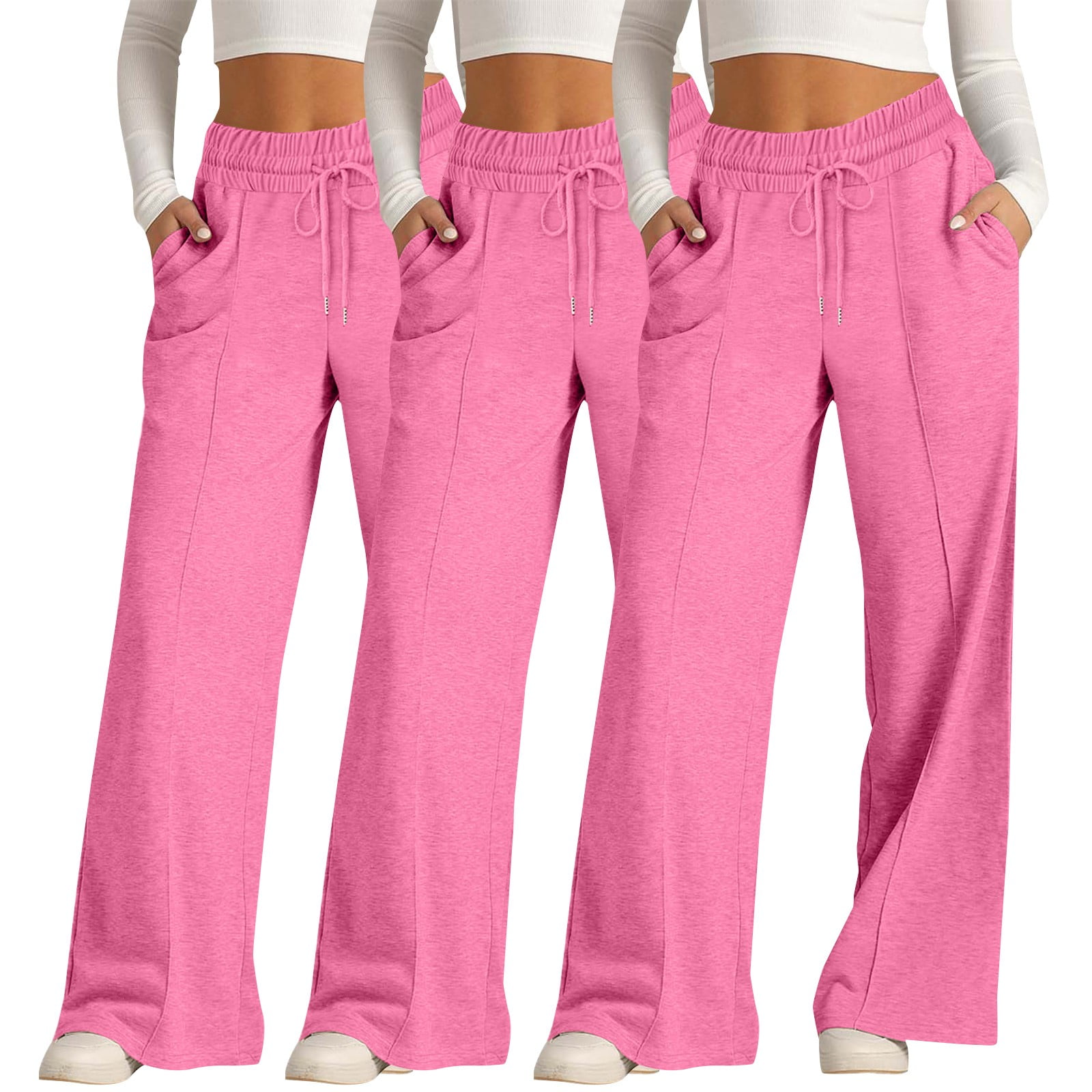 3PC Women's Solid Color Wide Leg Pants, Drawstring Waist Lounge Pants ...