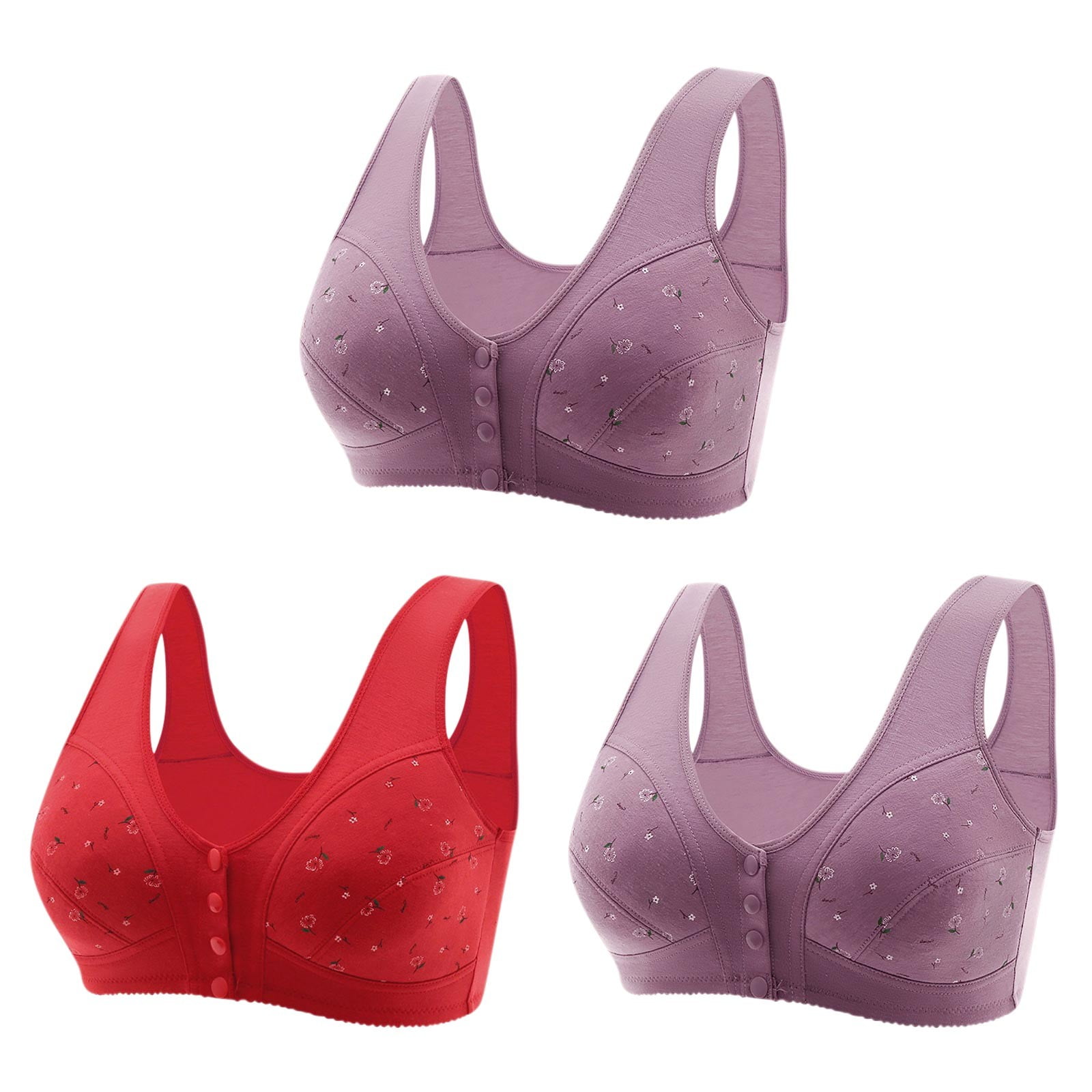 3PC Womens Bras Plus Size Front Closure No Steel Ring Wireless Full ...