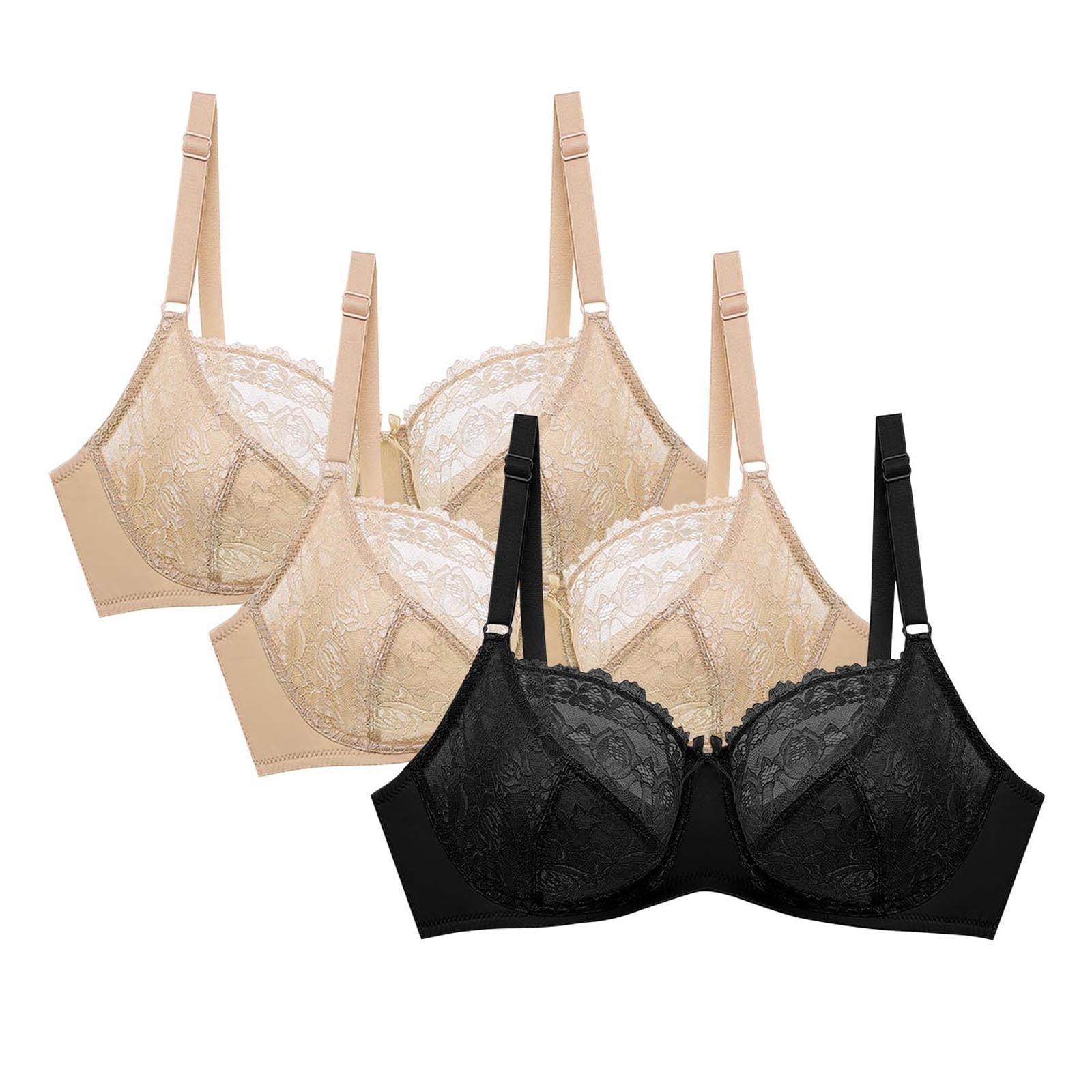 3PC Womens Lace Bras Non Padded Embroidered Underwire Unlined Full ...