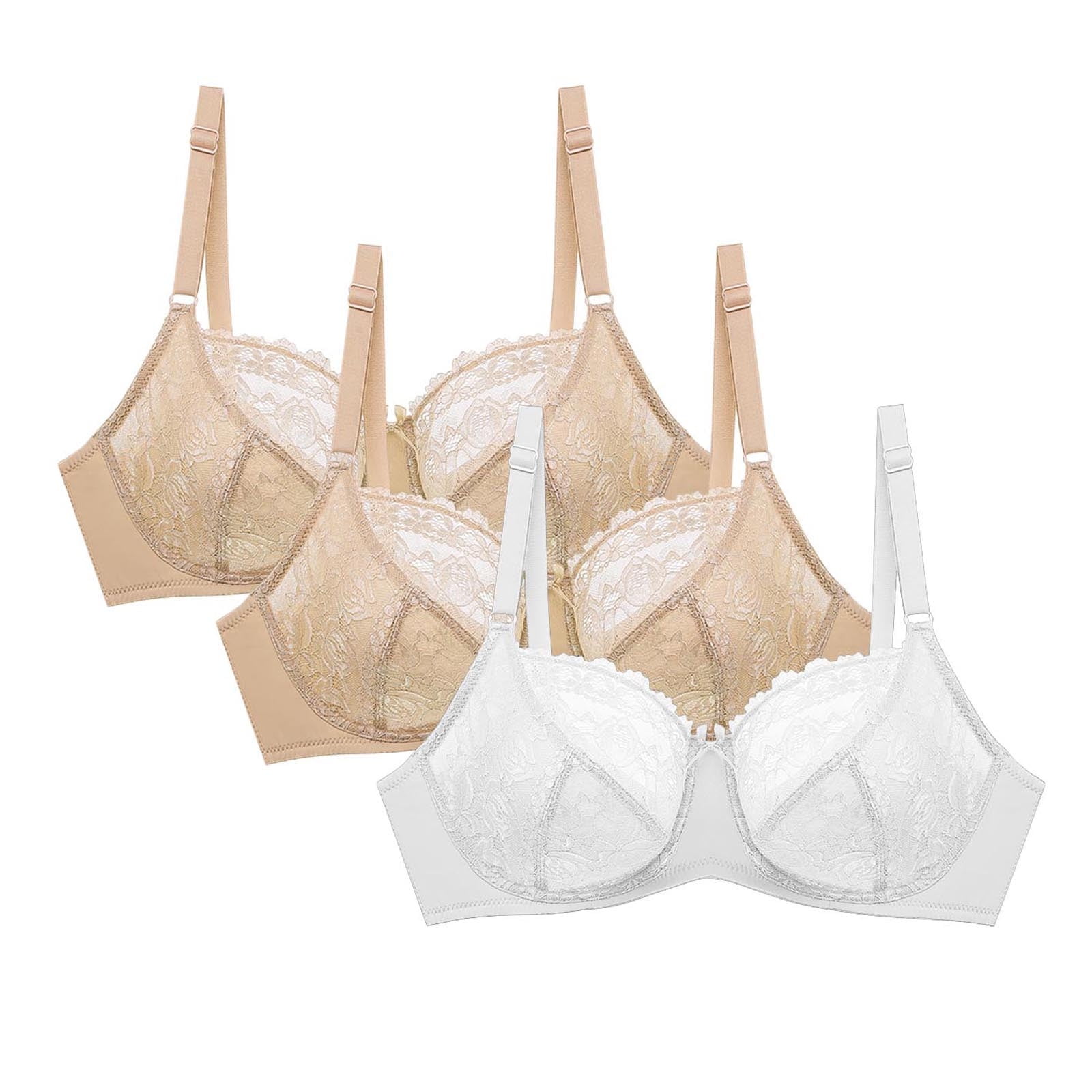3PC Womens Lace Bras Non Padded Embroidered Underwire Unlined Full ...