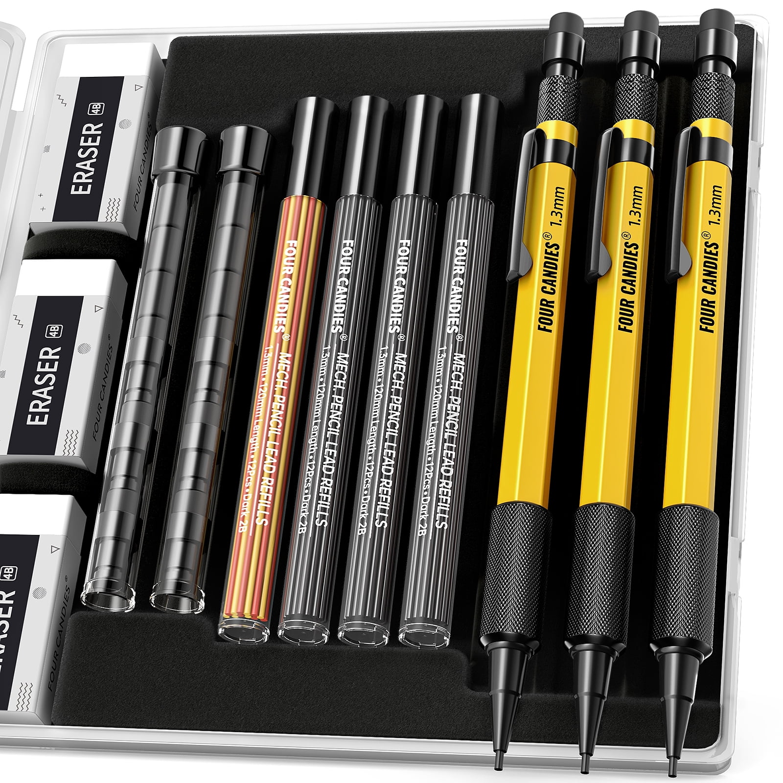 Four Candies 3PCS 1.3mm Mechanical Pencil Set with Case, Metal Heavy ...