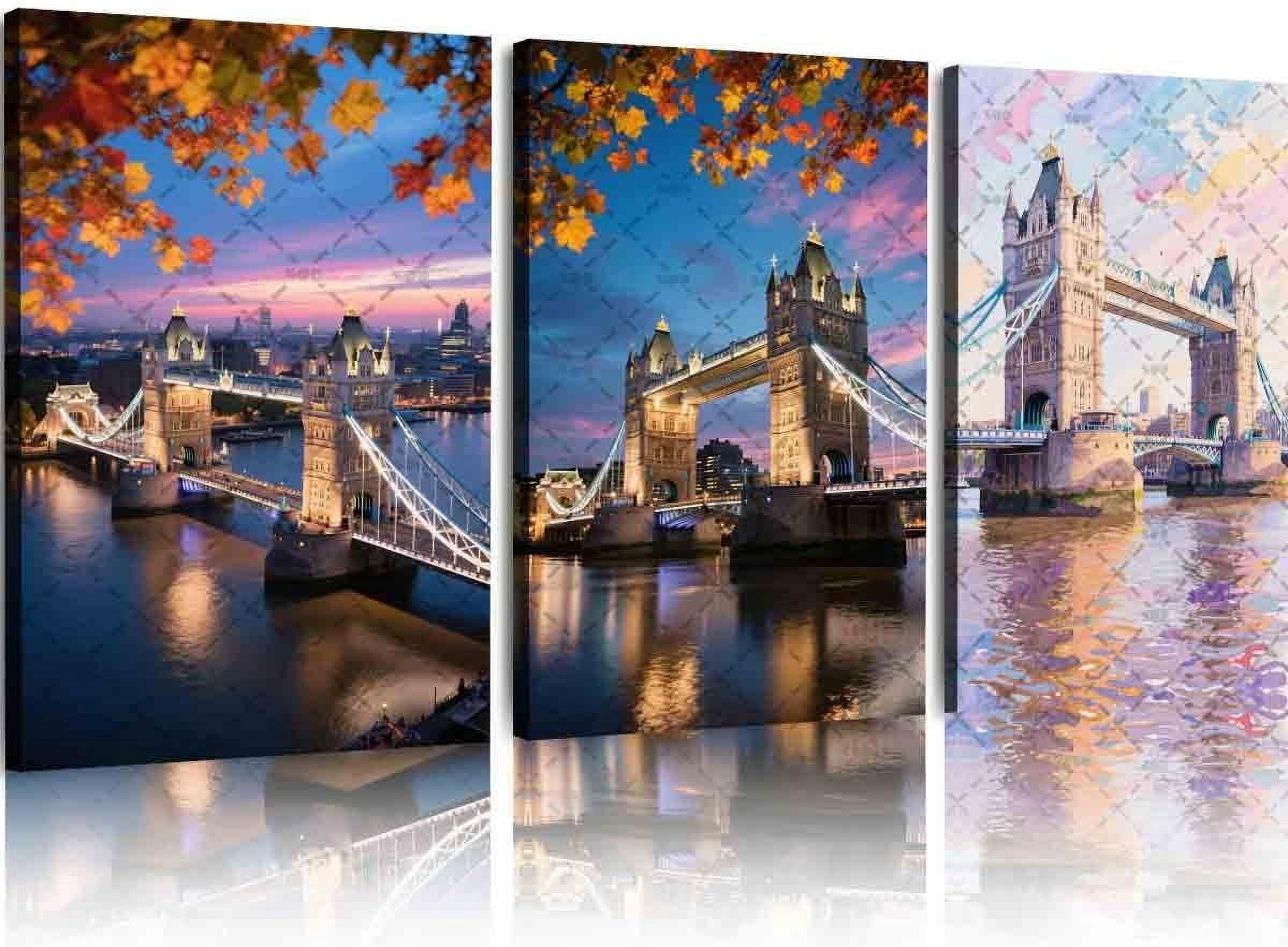 3PCS 16x12 inch Canvas Oil Watercolor Print Framed London Tower Bridge ...