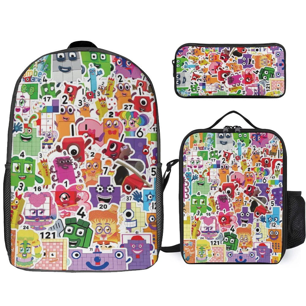 3PCS 17 Inch Number Block Backpack with Lunch Box Lightweight Travel ...