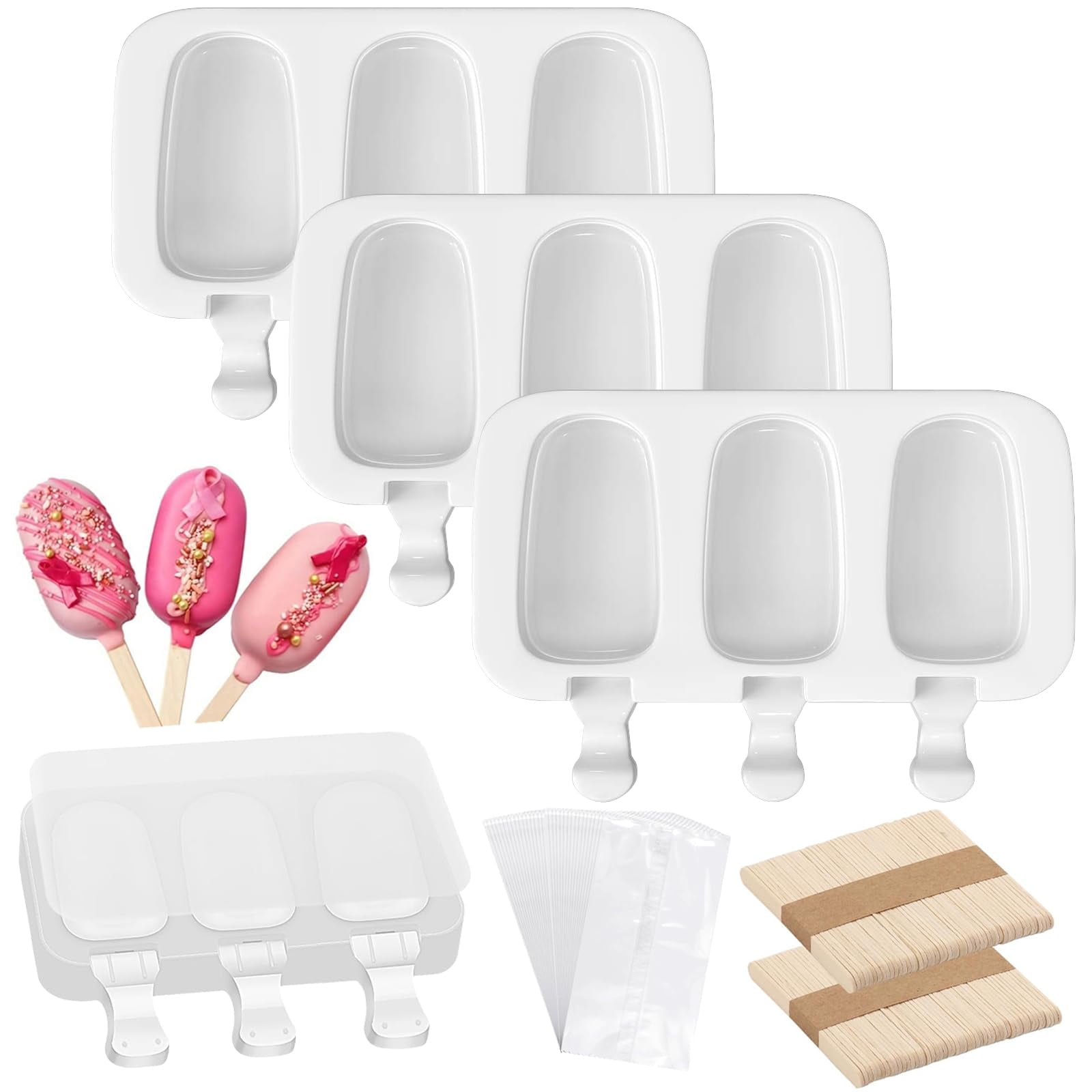 3PCS-3 Cavities-White Silicone Ice Cream Popsicle Molds Set - Walmart.com