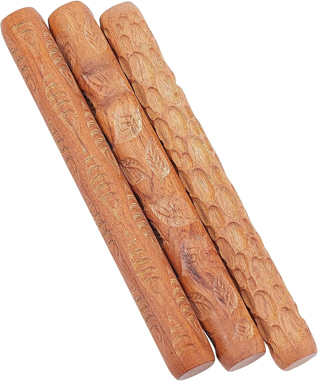 3PCS 3 Styles Wood Grain Roller Stone Leaf Fish Wooden Handle Clay ...