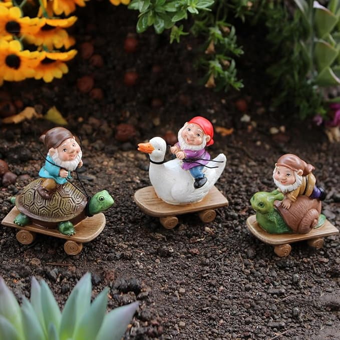 3PCS 3D Mini Gnome Statue, Gnome Riding Turtle, Duck, Snail Statue ...