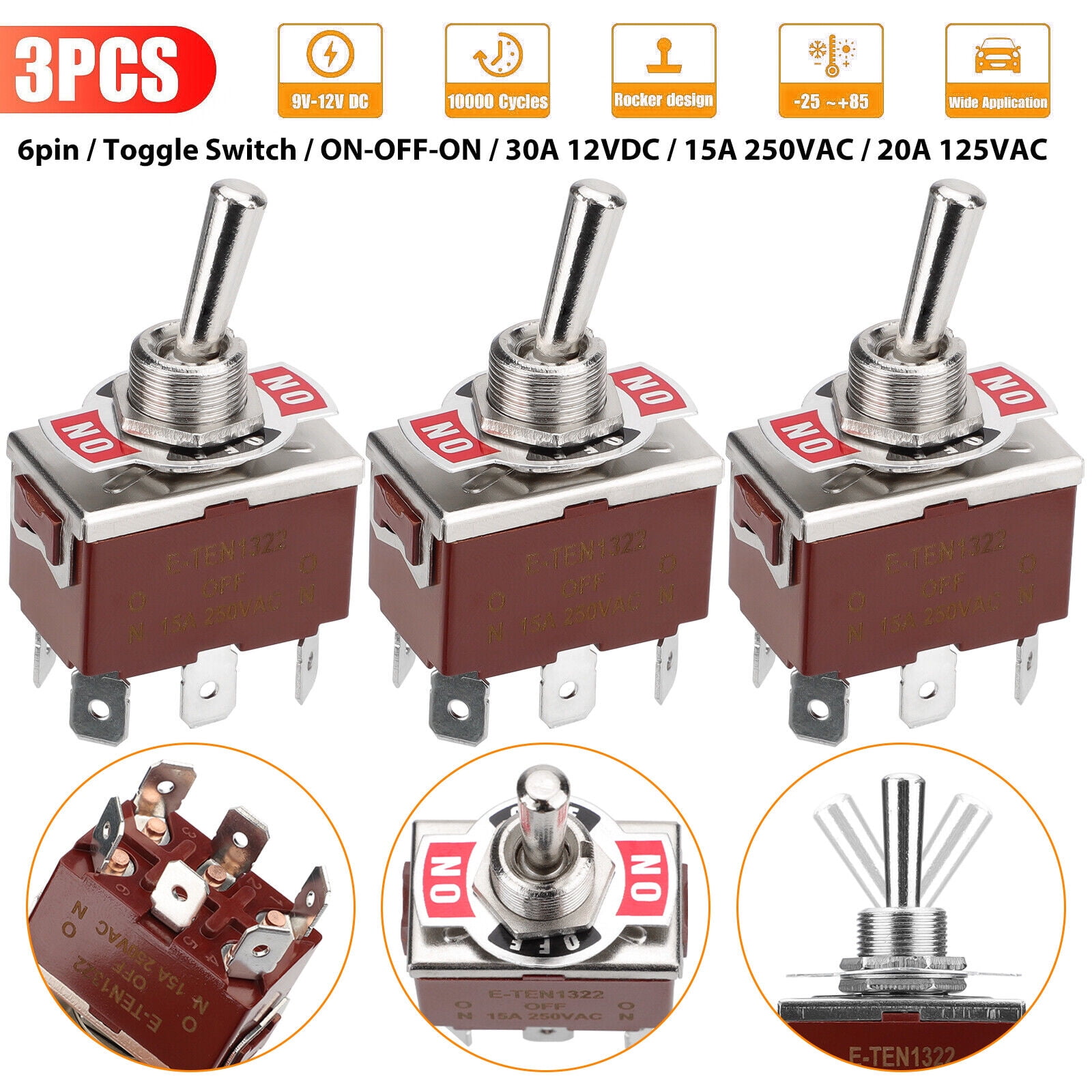 3PCS 6 Pin Toggle Switch Heavy Duty 20A 125V/15A 250V Momentary DPDT ON ...
