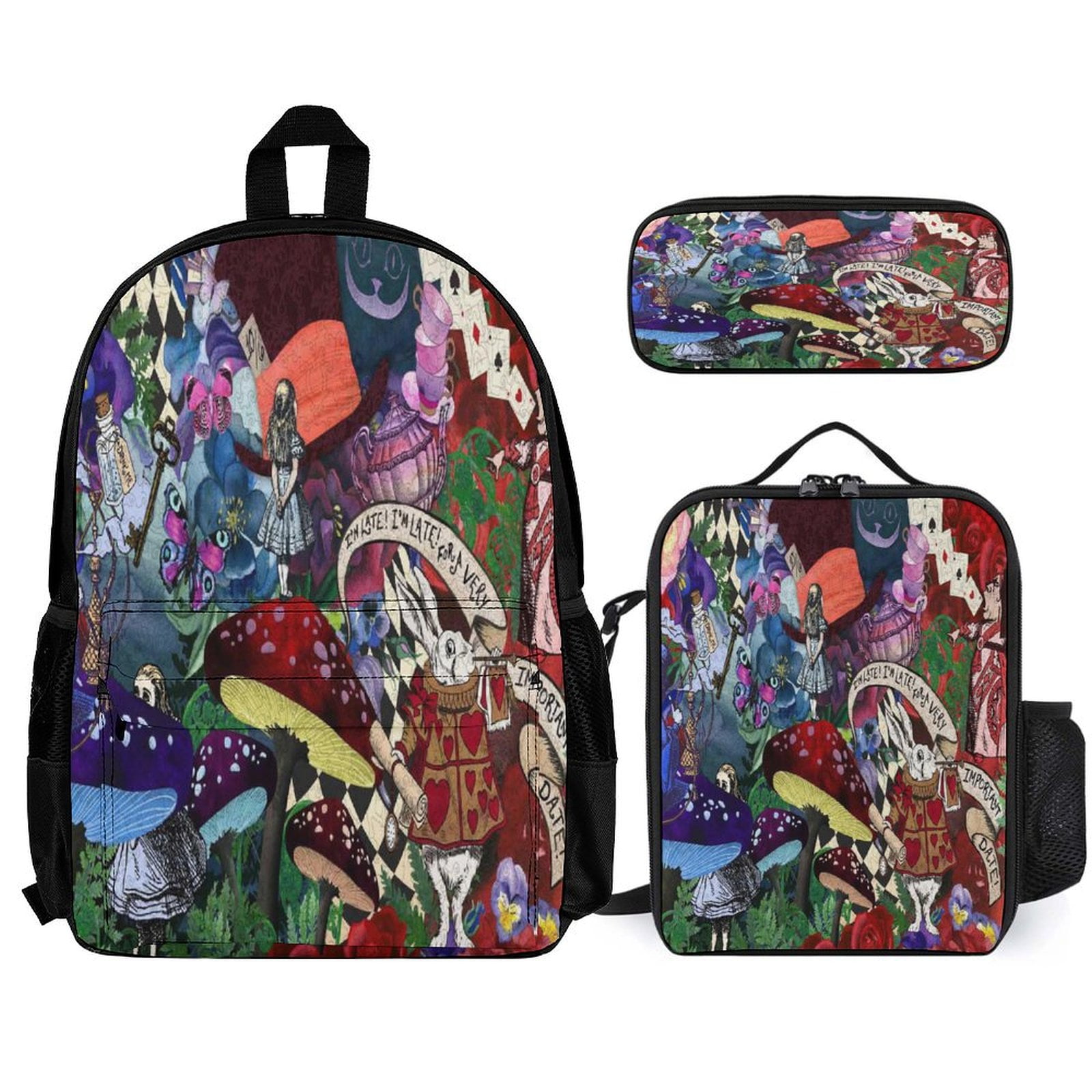 3PCS Alice in Wonden-Lan Backpacks Set Backpack with Lunch Box Pencil ...