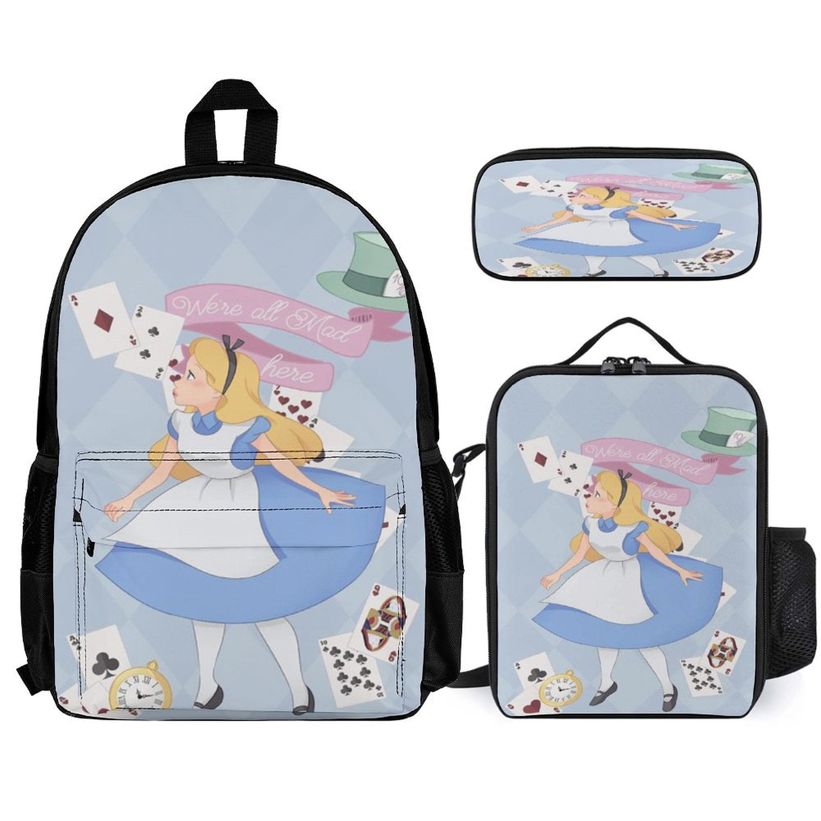 3PCS Alice in Wonden-Lan Backpacks Set Backpack with Lunch Box Pencil ...