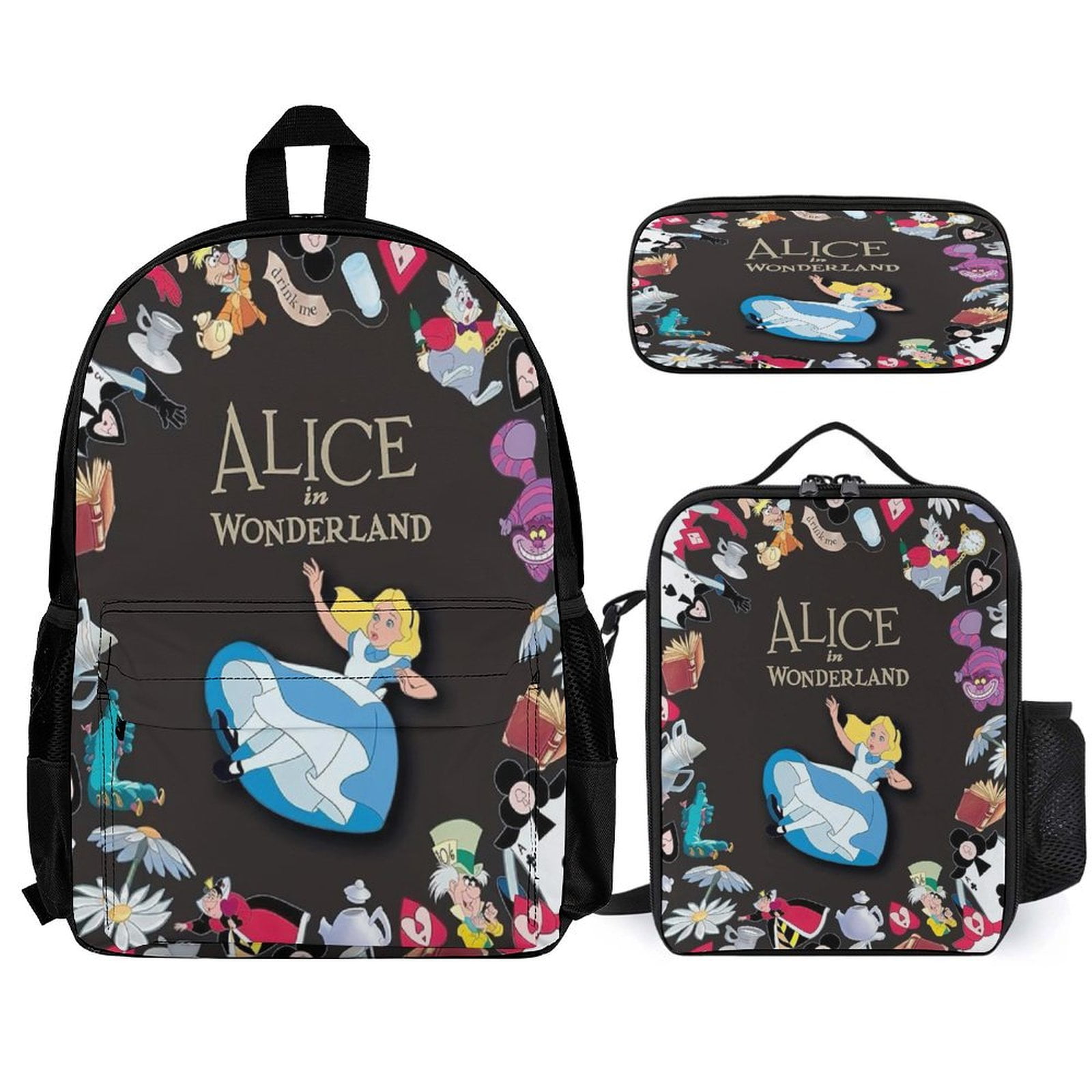 3PCS Alice in Wonden-Lan Backpacks Set Backpack with Lunch Box Pencil ...