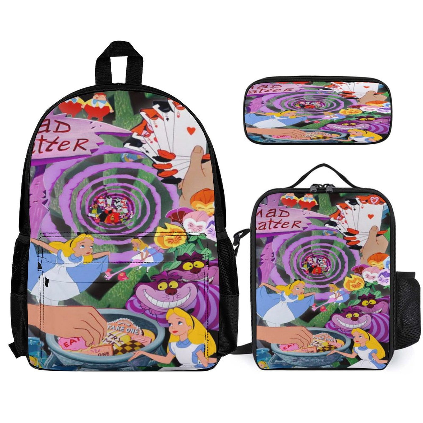 3PCS Alice in Wonden-Lan Backpacks Set Backpack with Lunch Box Pencil ...